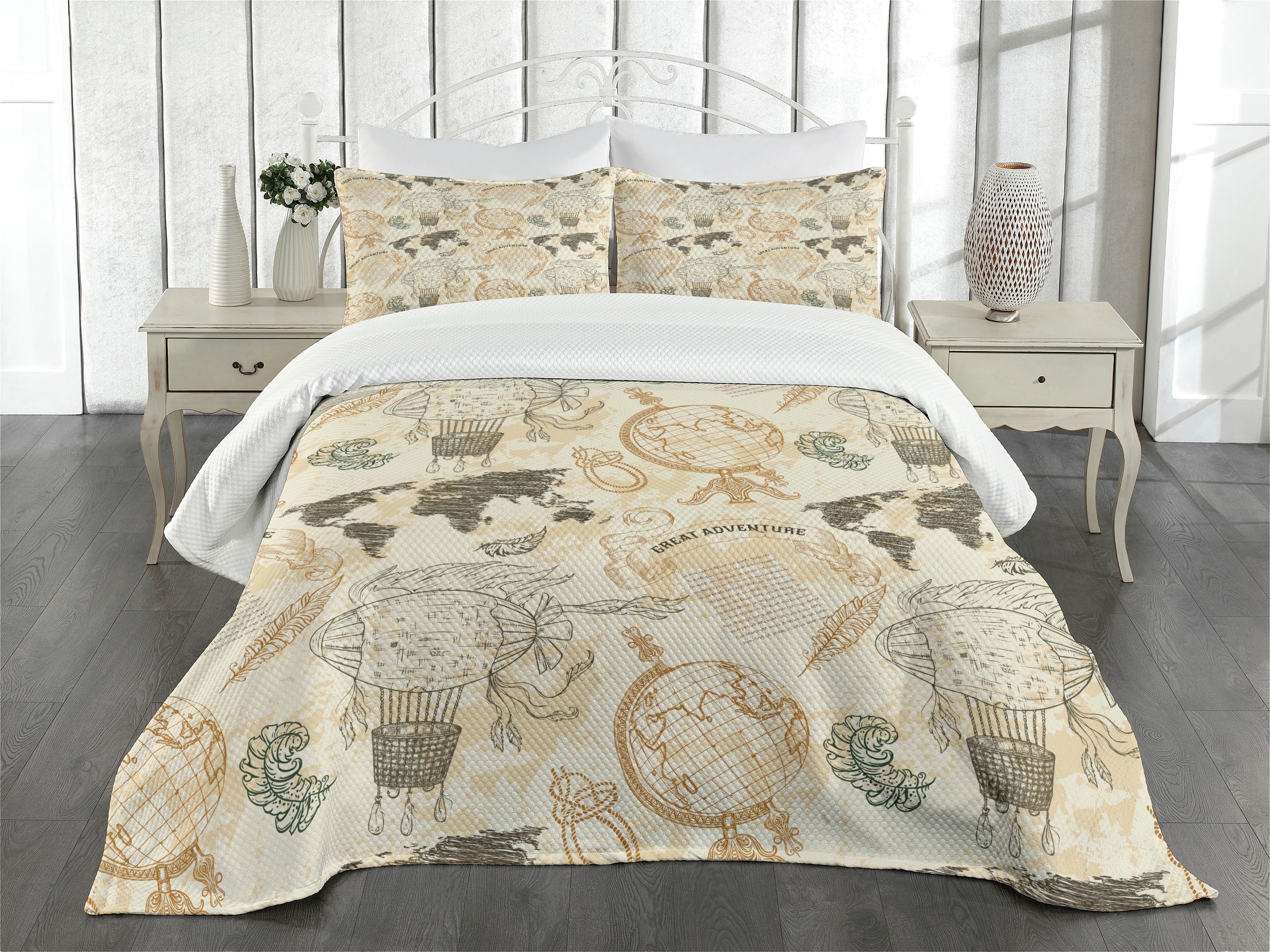 Ambesonne World Map Quilted Bedspread Set 3 Pcs, Vintage Globe, Queen ...