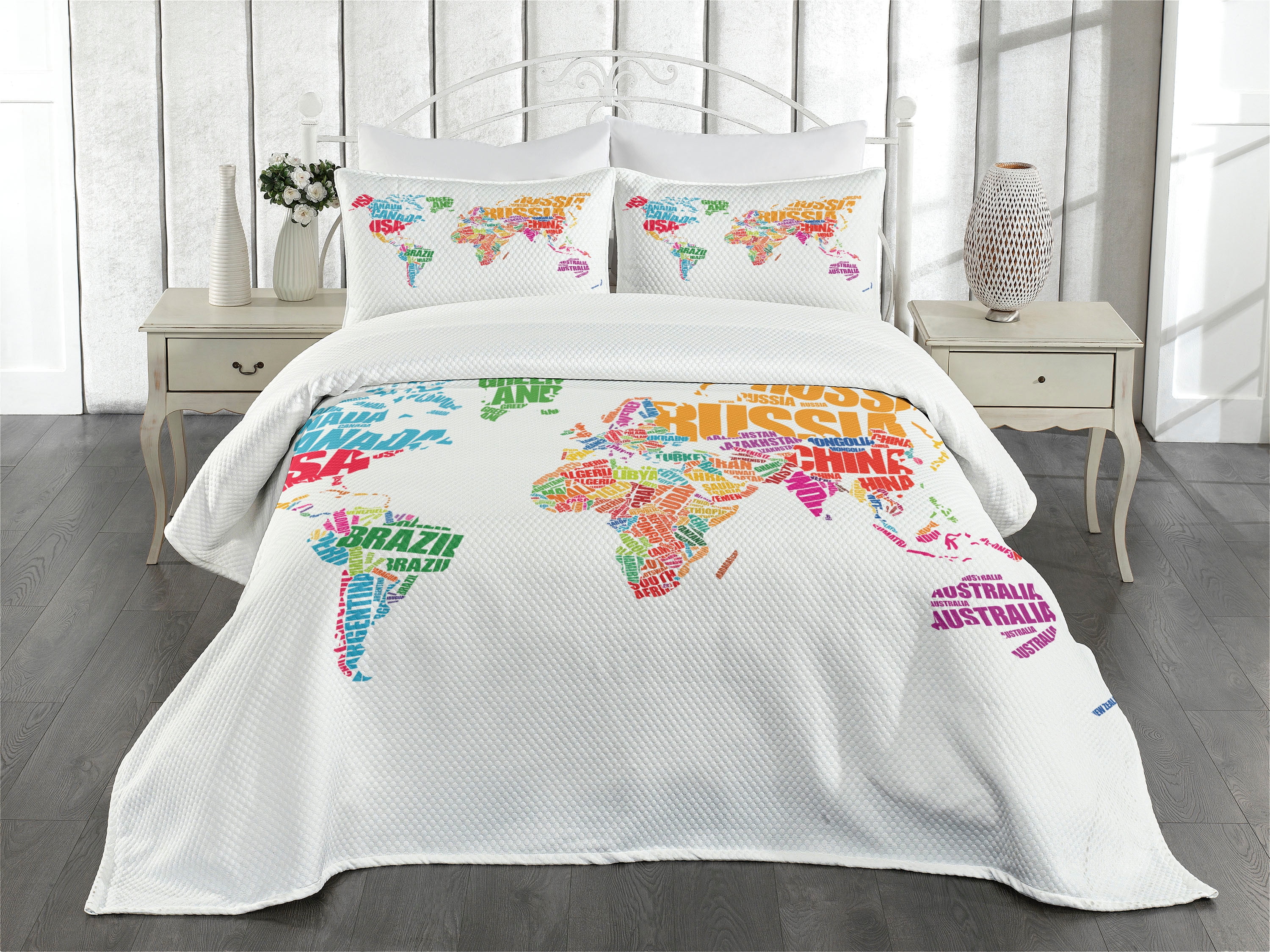 Ambesonne World Map Quilted Bedspread Set 3 Pcs, World Europe America ...
