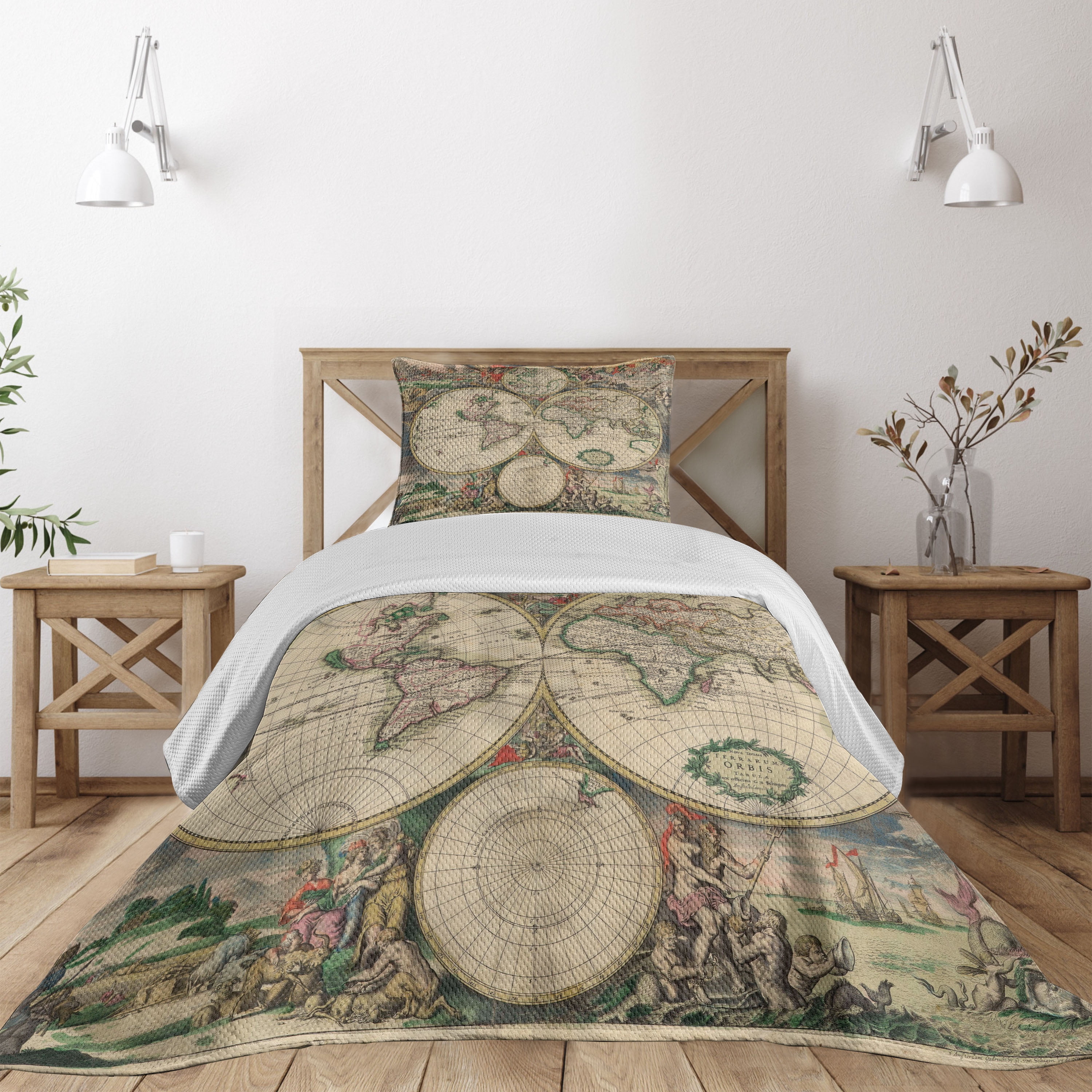 Ambesonne World Map Quilted Coverlet 2 Pcs, Antique Vintage Art, Twin ...