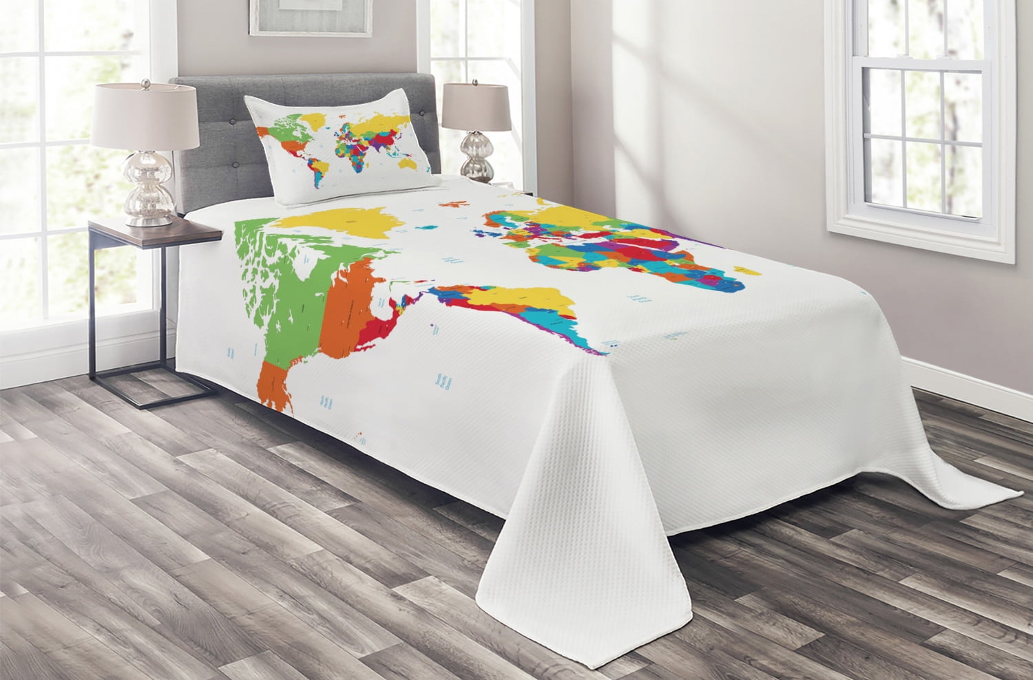 Ambesonne World Map Quilted Coverlet 2 Pcs, Countries and Oceans, Twin ...