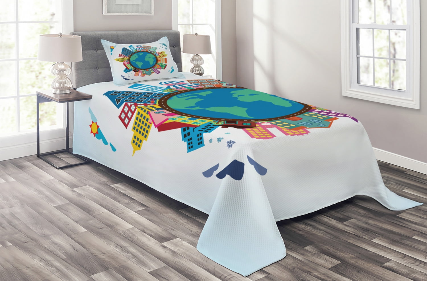 Ambesonne World Map Quilted Coverlet 2 Pcs, Urban Life World Motif ...