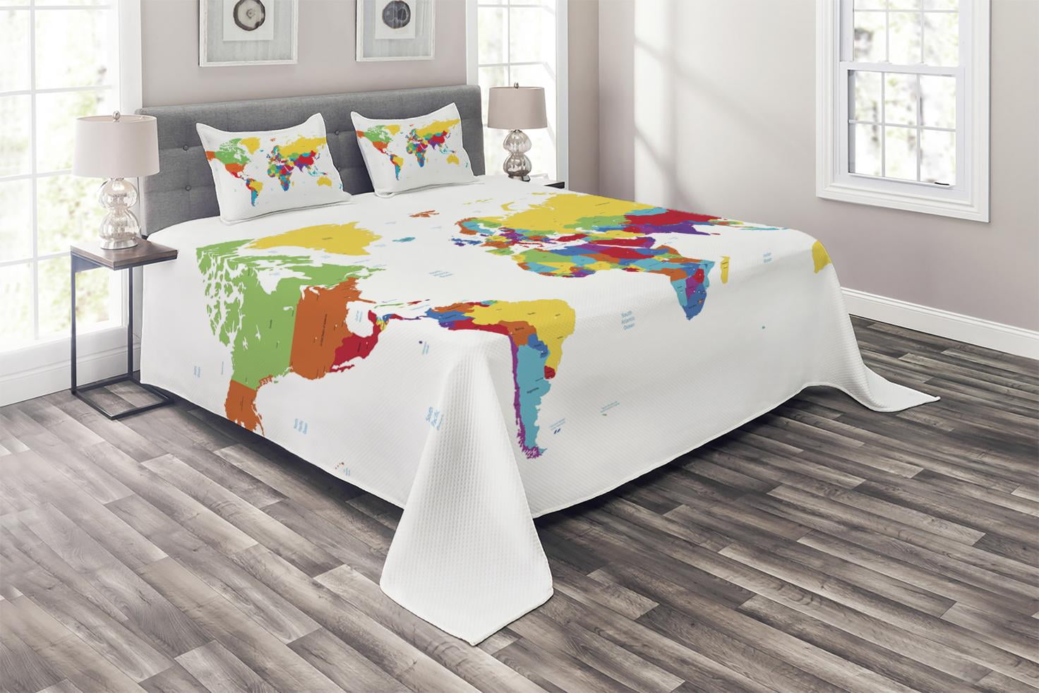 Ambesonne World Map Quilted Coverlet 3 Pcs, Countries and Oceans, King ...