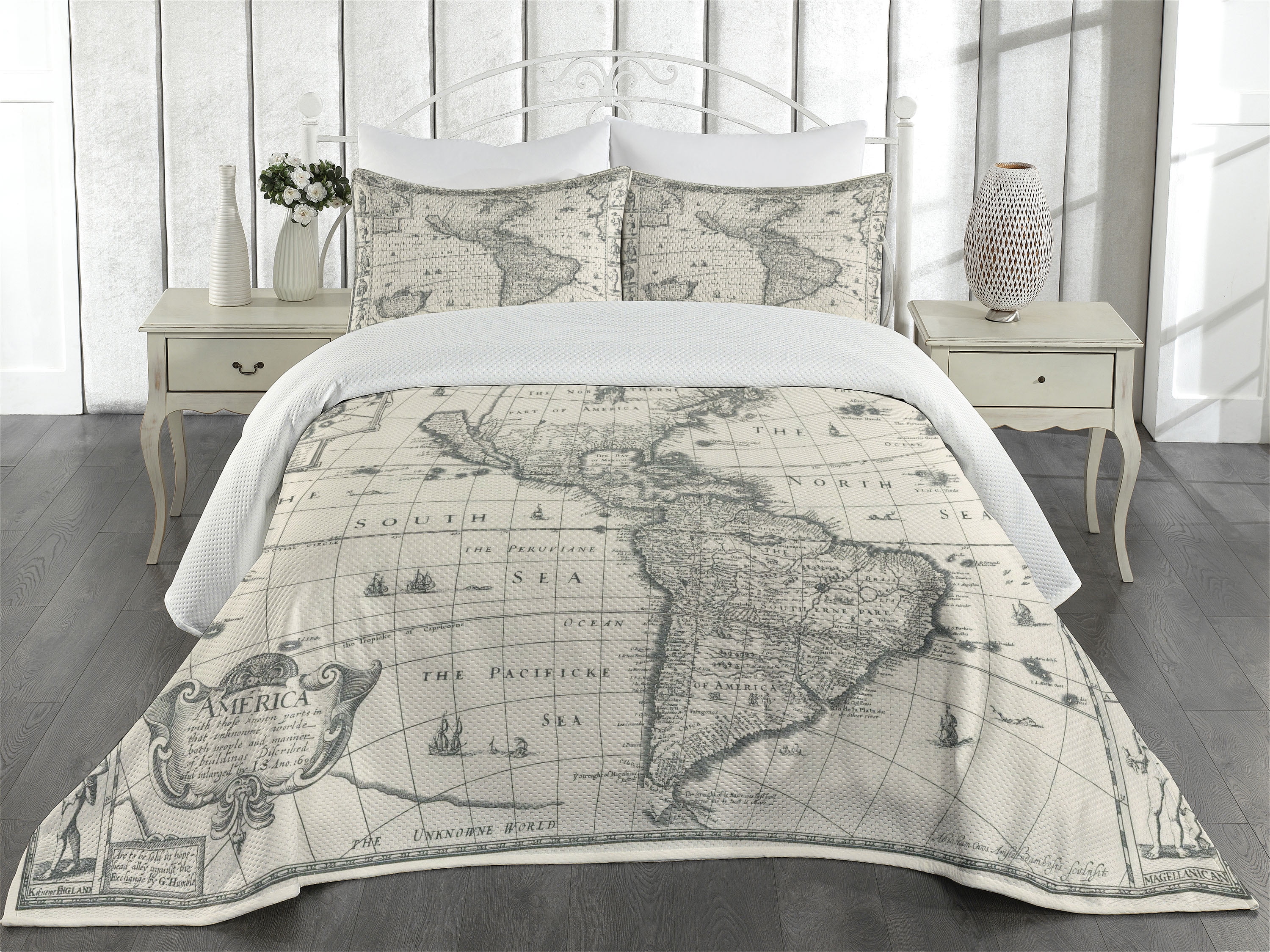 Ambesonne World Map Quilted Coverlet 3 Pcs, Retro Old America Map, King ...