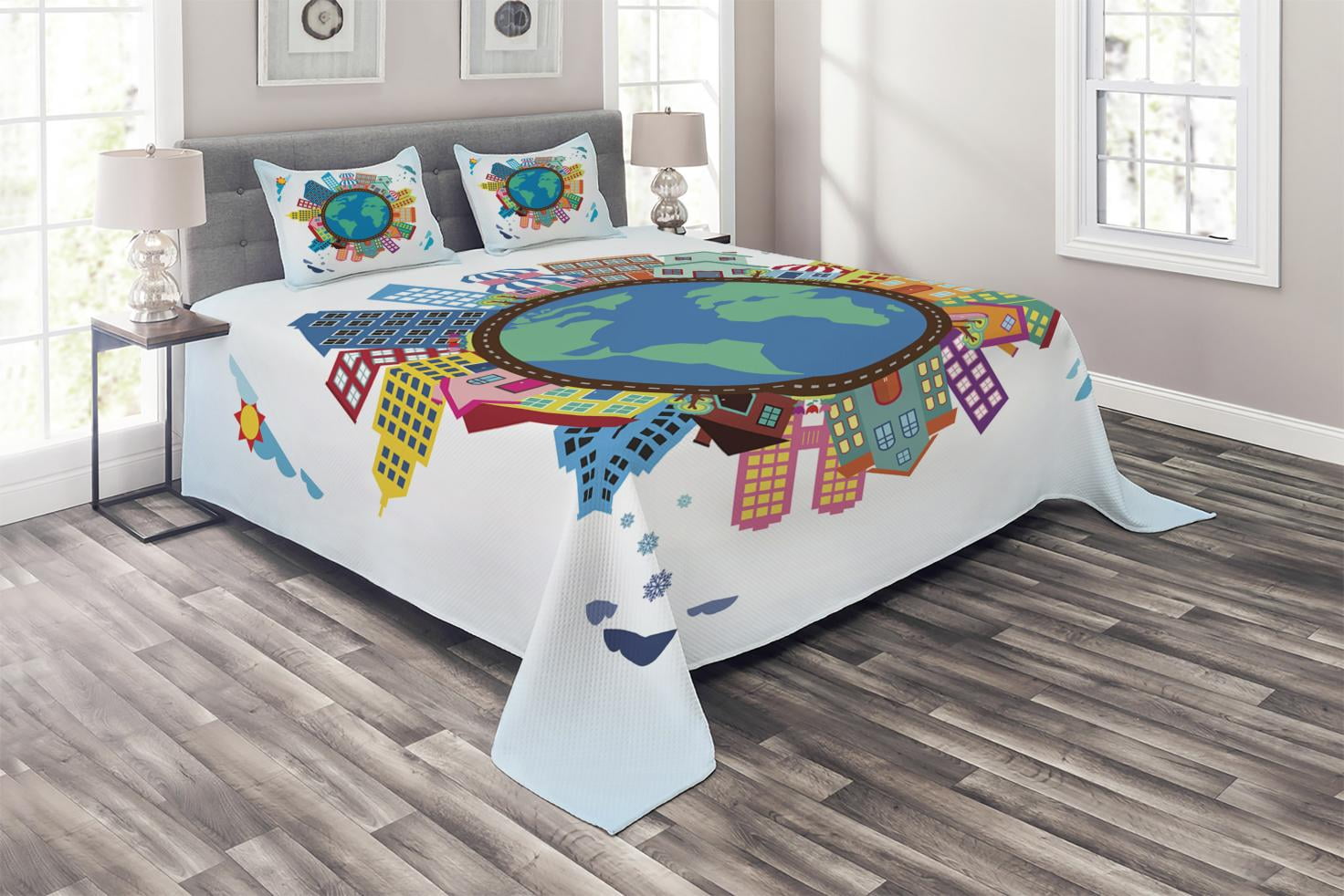 Ambesonne World Map Quilted Coverlet 3 Pcs, Urban Life World Motif ...