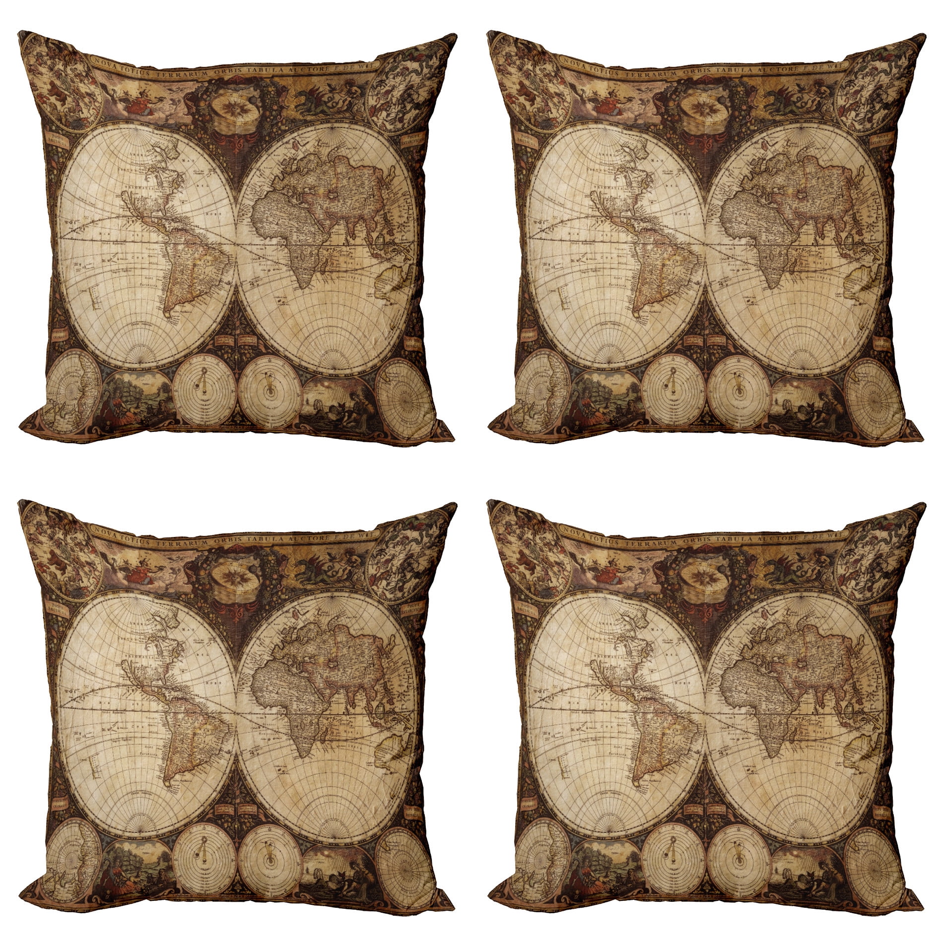 Ambesonne World Map Throw Pillow Cover 4 Pack, Historic Old Atlas, 20 ...