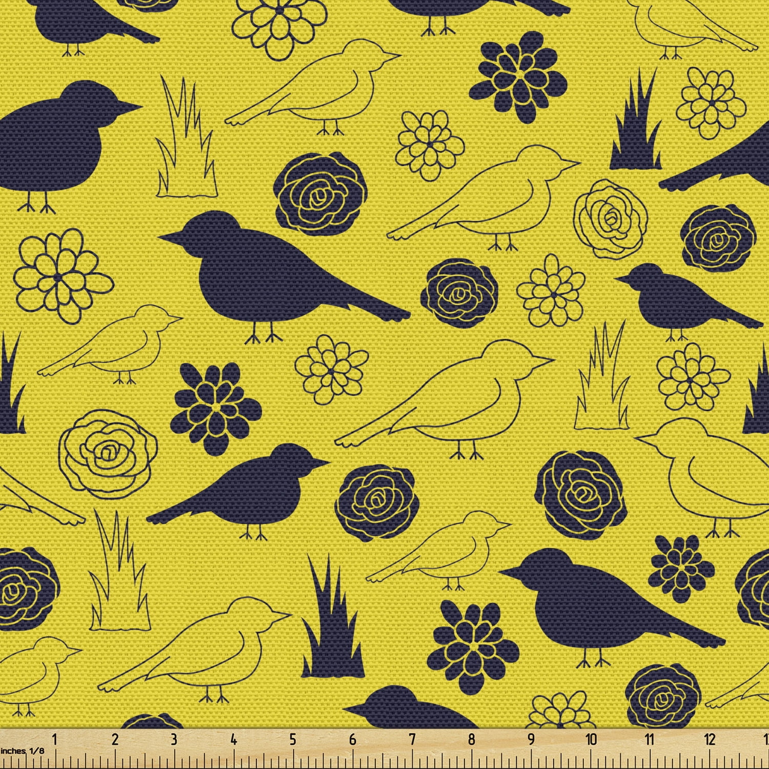 Ambesonne Yellow Bird Fabric by the Yard Upholstery, Avian and Petals ...