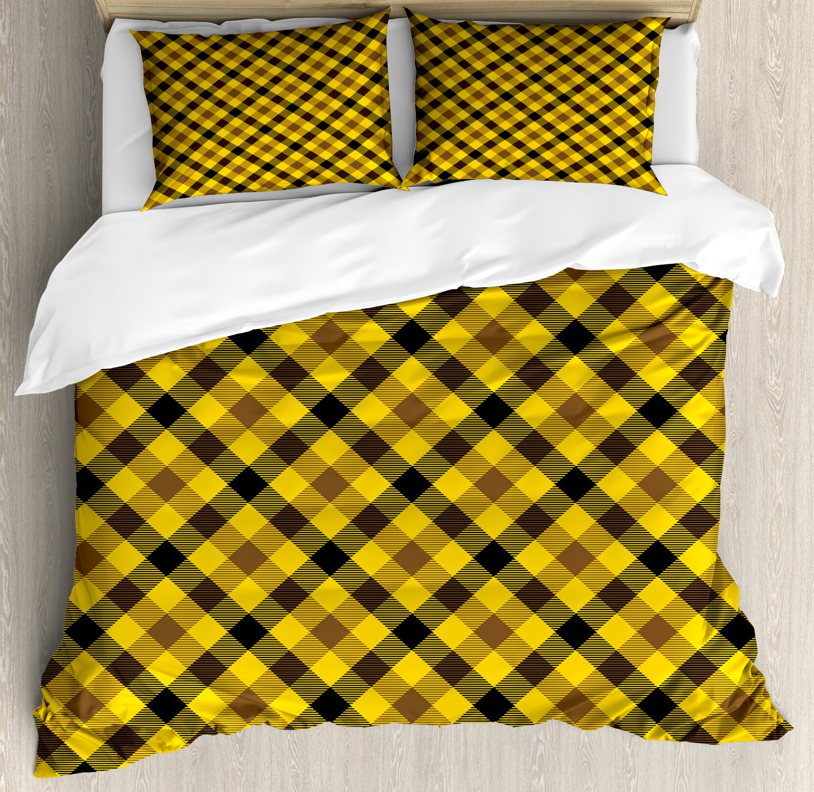 Ambesonne Yellow Brown Duvet Cover Set, Striped Square Check, Queen ...