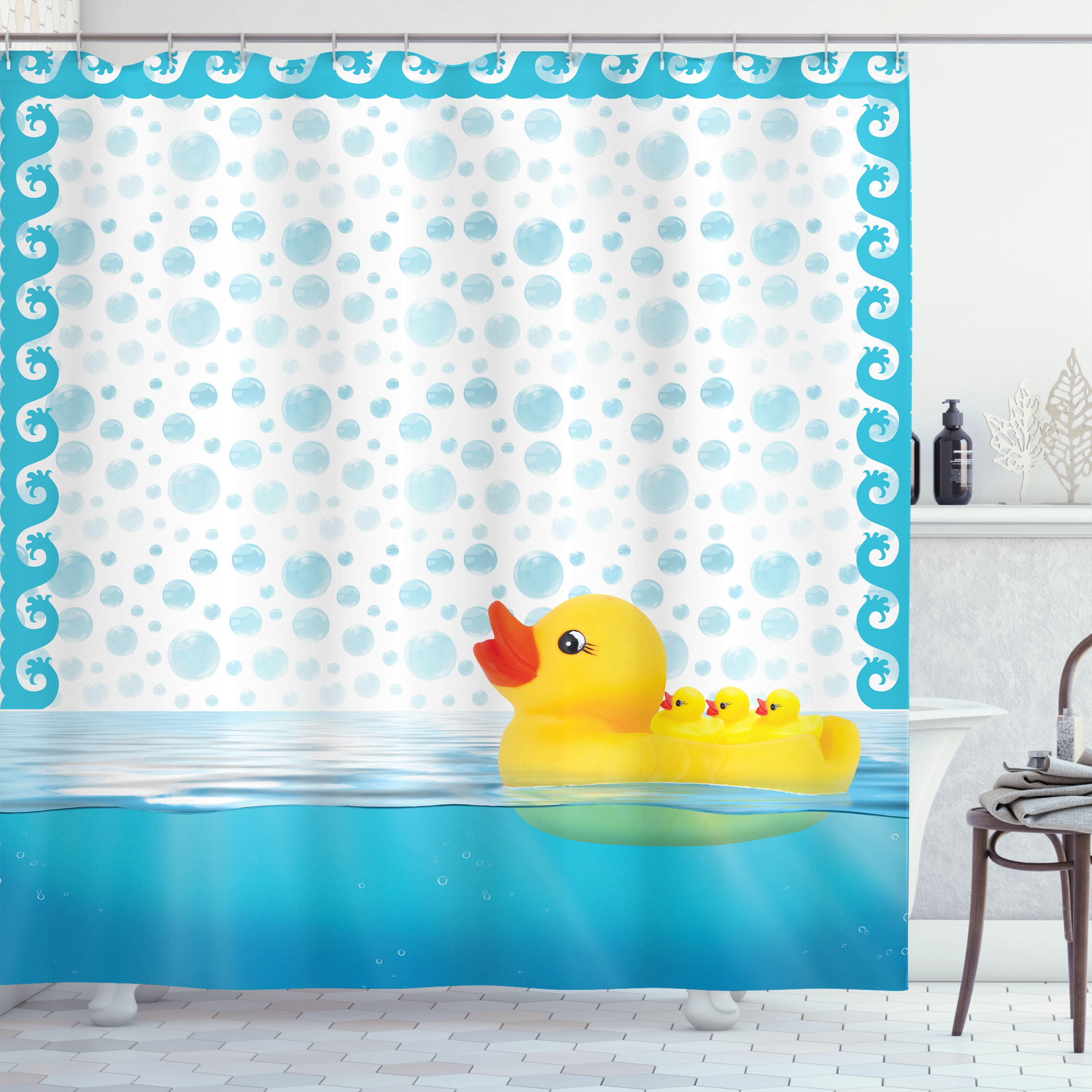 Ambesonne Yellow Duck Shower Curtain, Animal on Water Bubbles, 69"Wx70 ...