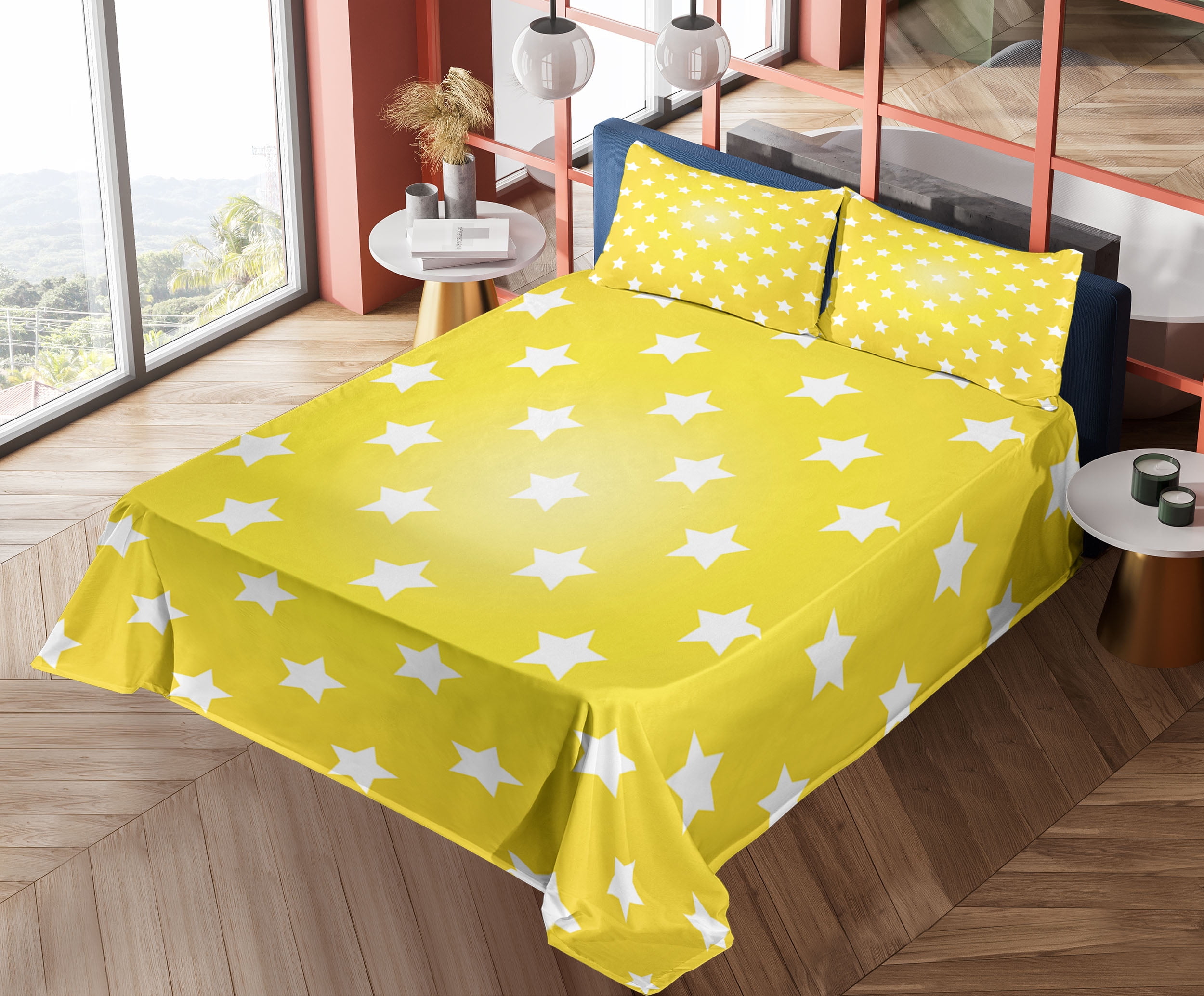 Ambesonne Yellow Fitted & Top Sheet Set with Shams, Vibrant Stars Fun ...