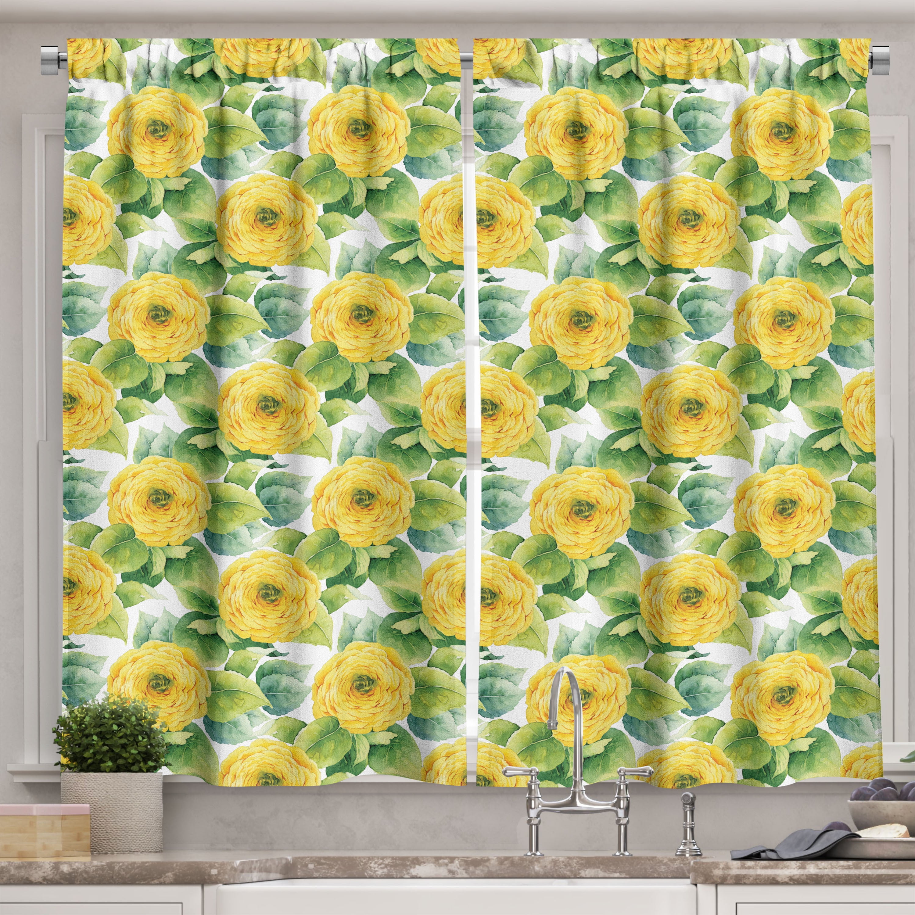 Ambesonne Yellow Flower Kitchen Curtains, Gardening Plant, 55"x39 ...