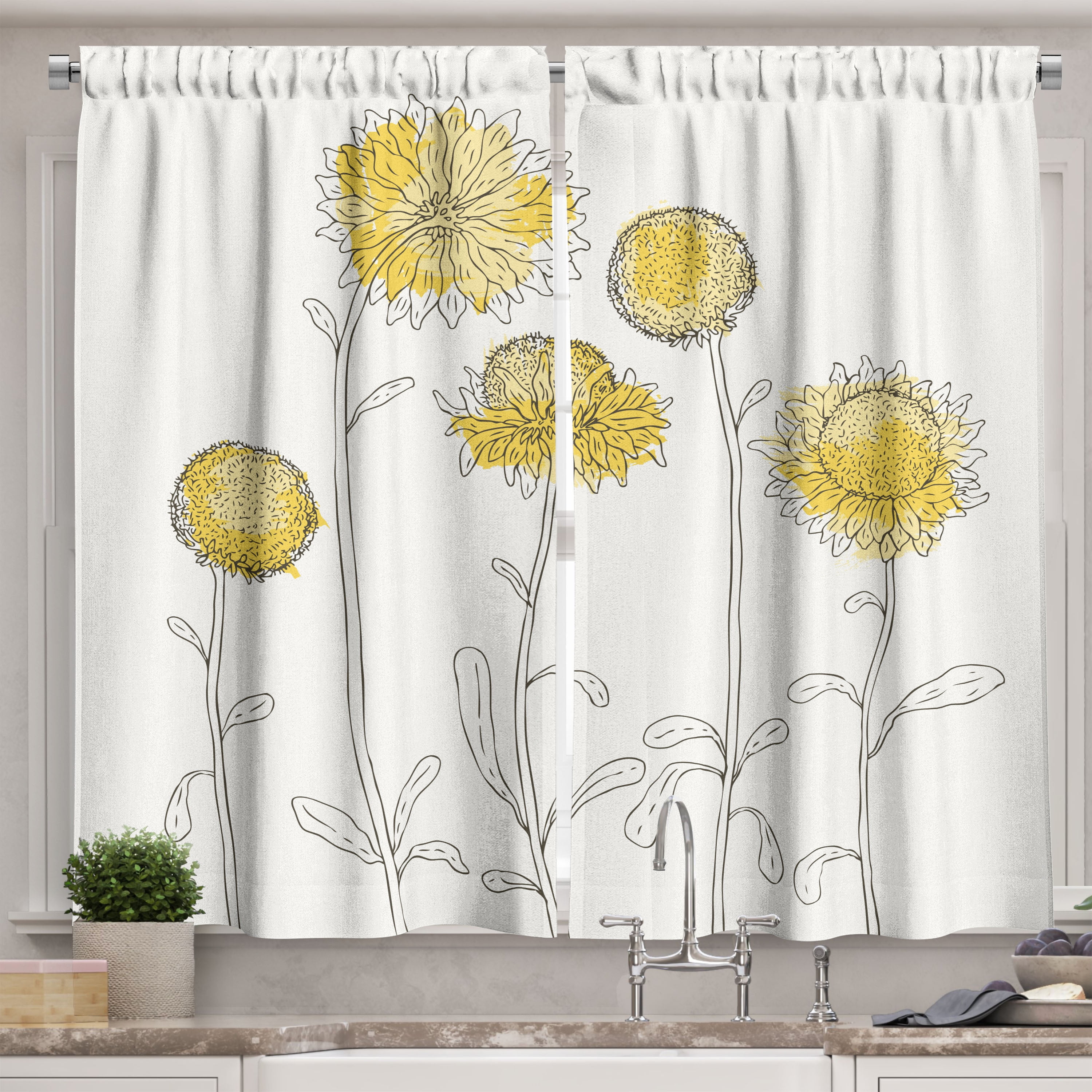Ambesonne Yellow Flower Kitchen Curtains, Hand Drawn Botany, 55"x39 ...