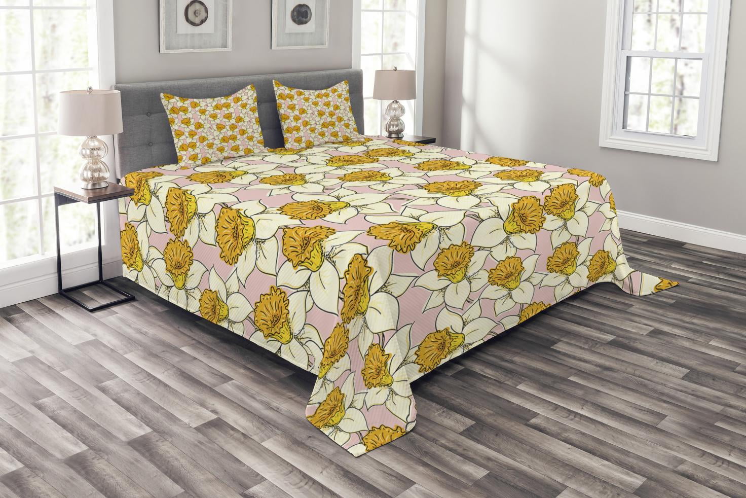 Ambesonne Yellow Flower Quilted Bedspread Set 3 Pcs, Flourish Nature ...