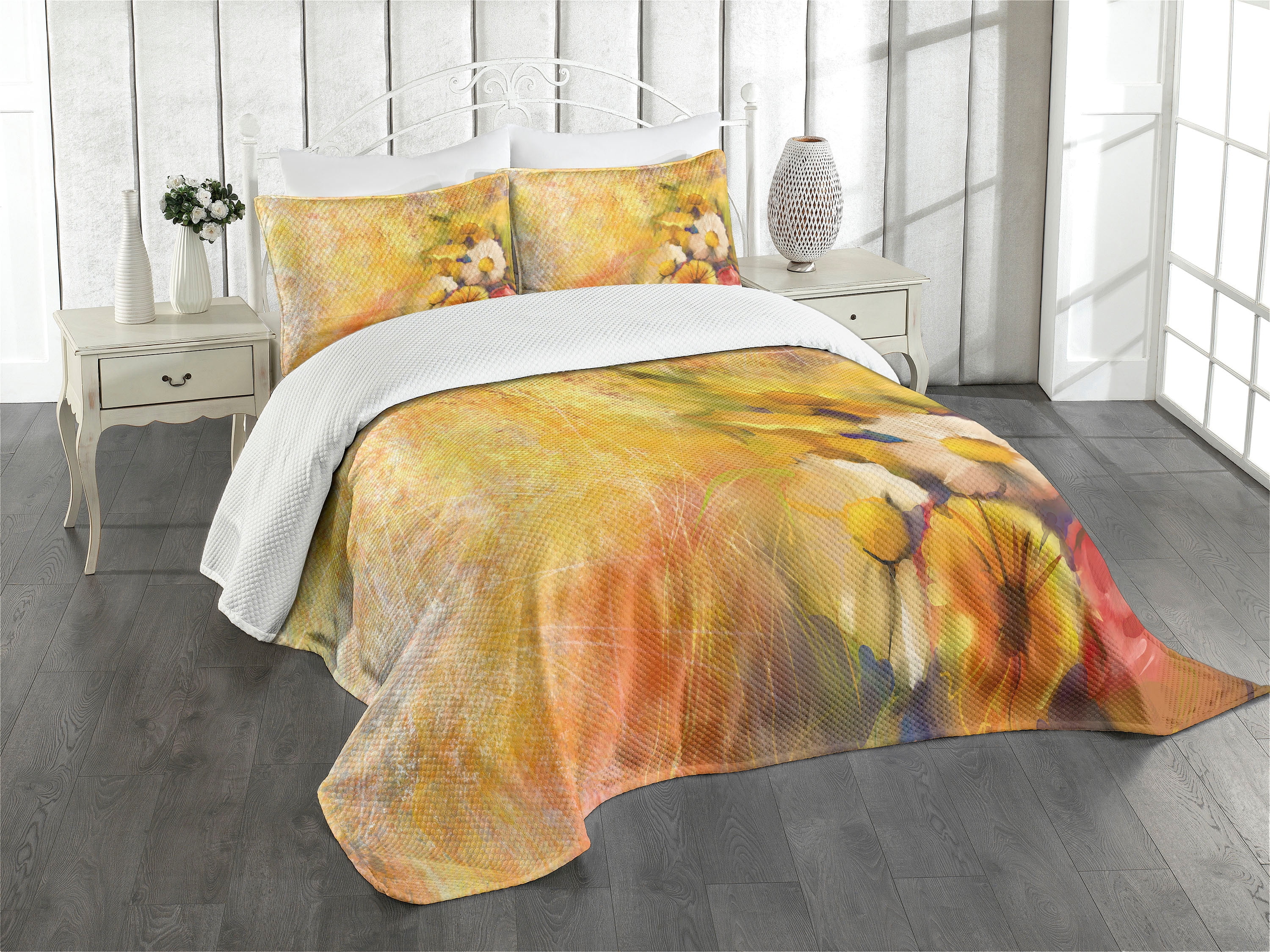 Ambesonne Yellow Flower Quilted Bedspread Set 3 Pcs, Rose Painting ...
