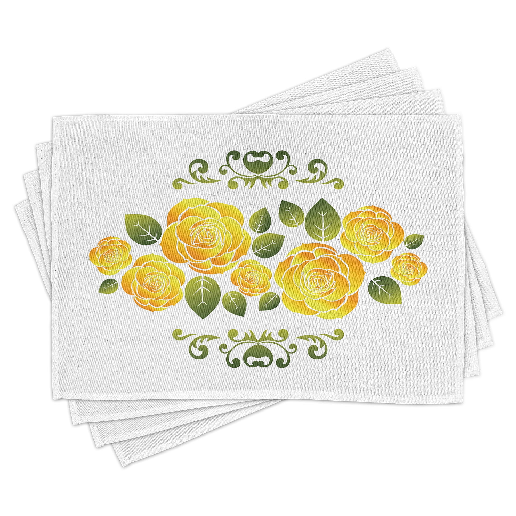 Ambesonne Yellow Place Mats Set of 4, Roses with Swirl Frame, Standard ...
