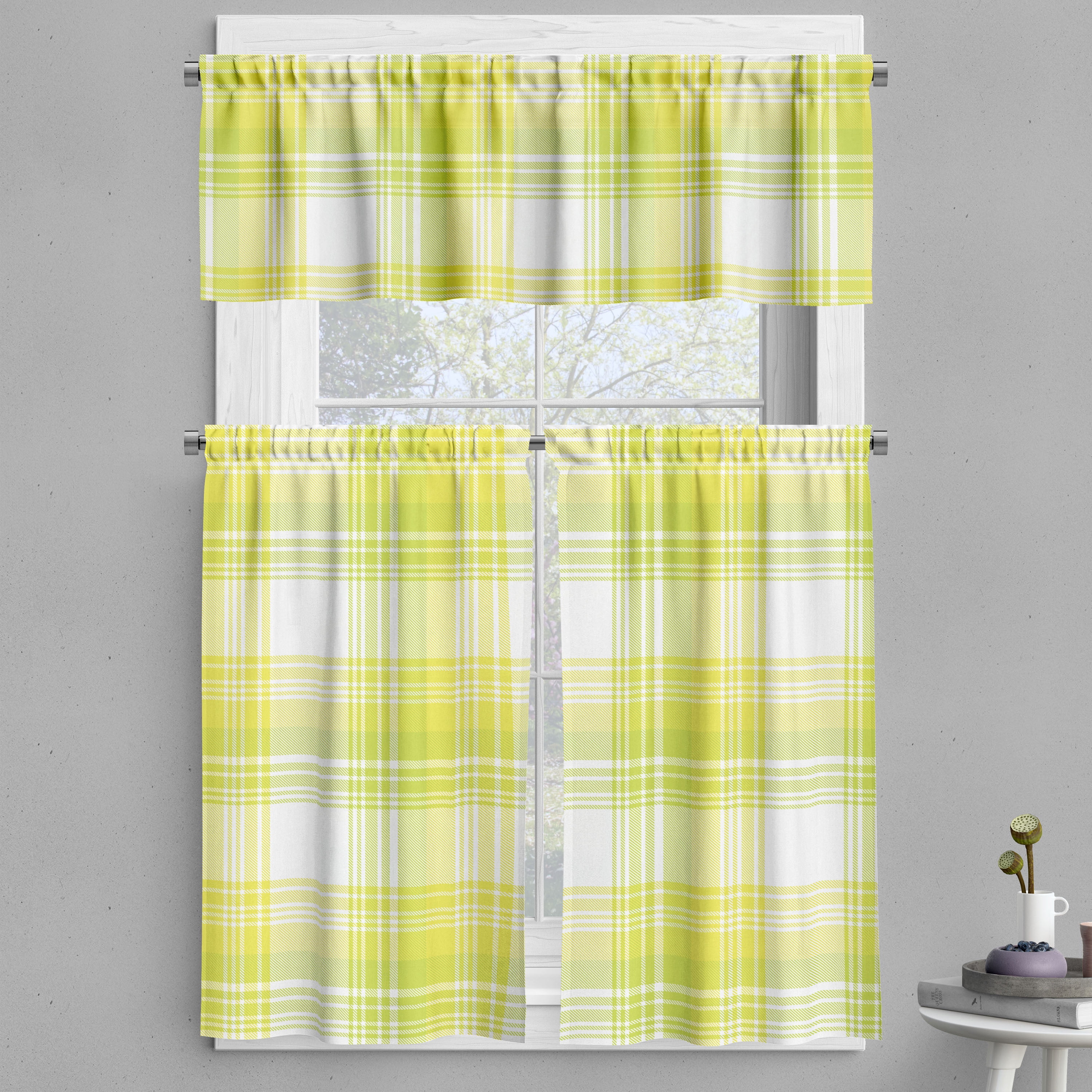 Ambesonne Yellow Plaid Valance & Curtain, Ombre Lines Squares, 55"x45 ...