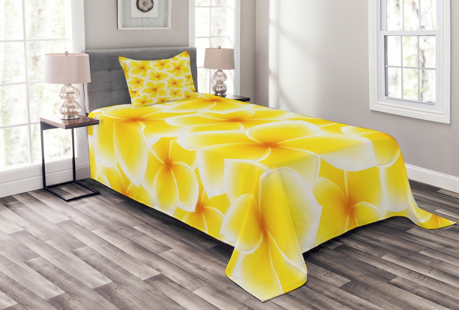 Ambesonne Yellow Quilted Bedspread Set 2 Pcs, Plumeria Flower Blossoms ...
