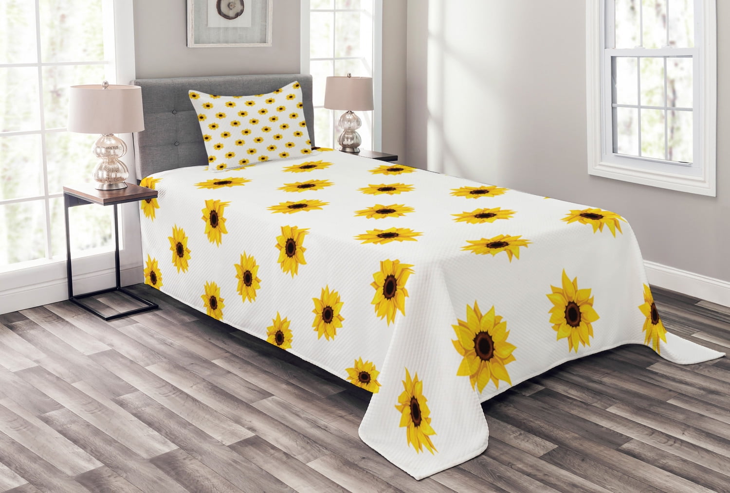 Ambesonne Yellow Quilted Bedspread Set 2 Pcs, Sunflower Pattern Nature ...