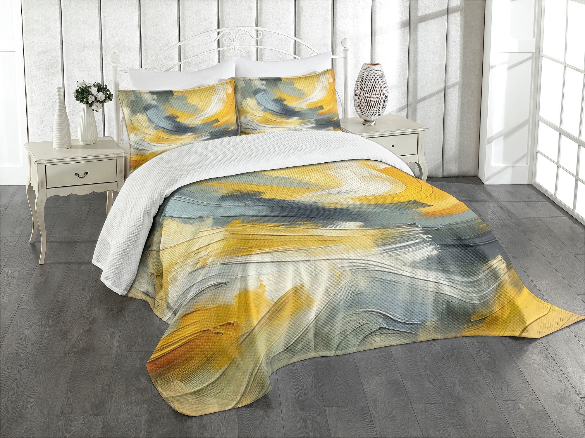 Ambesonne Yellow Quilted Bedspread Set 3 Pcs, Brush Strokes ...