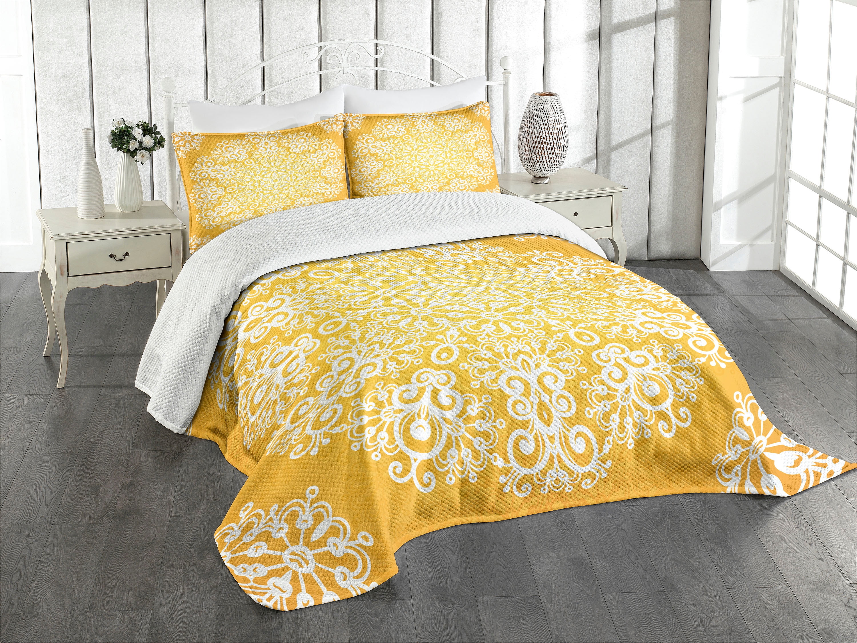 Ambesonne Yellow Quilted Bedspread Set 3 Pcs, Floral Snowflakes, King ...