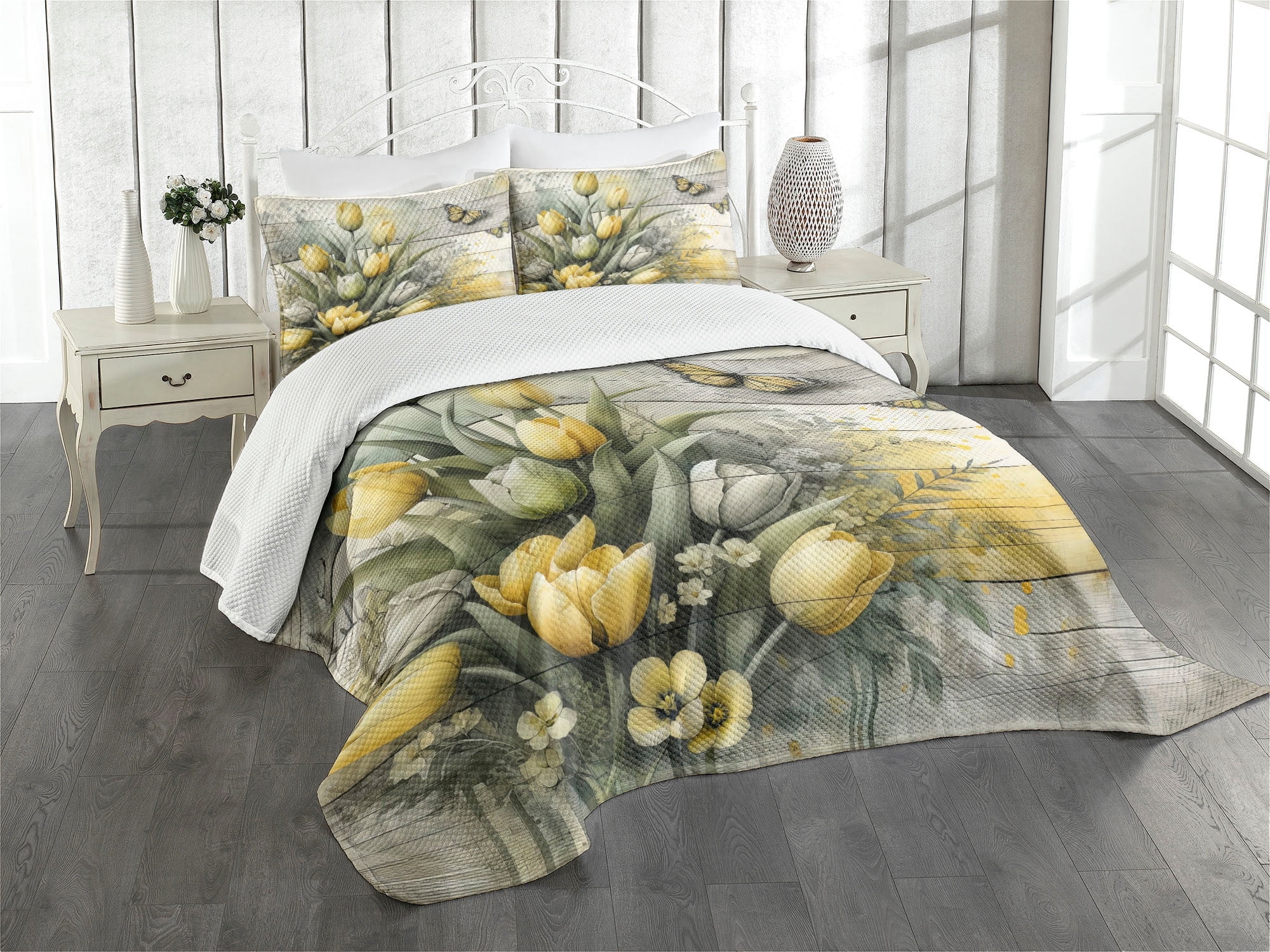 Ambesonne Yellow Quilted Bedspread Set 3 Pcs, Rustic Farmhouse Tulip ...