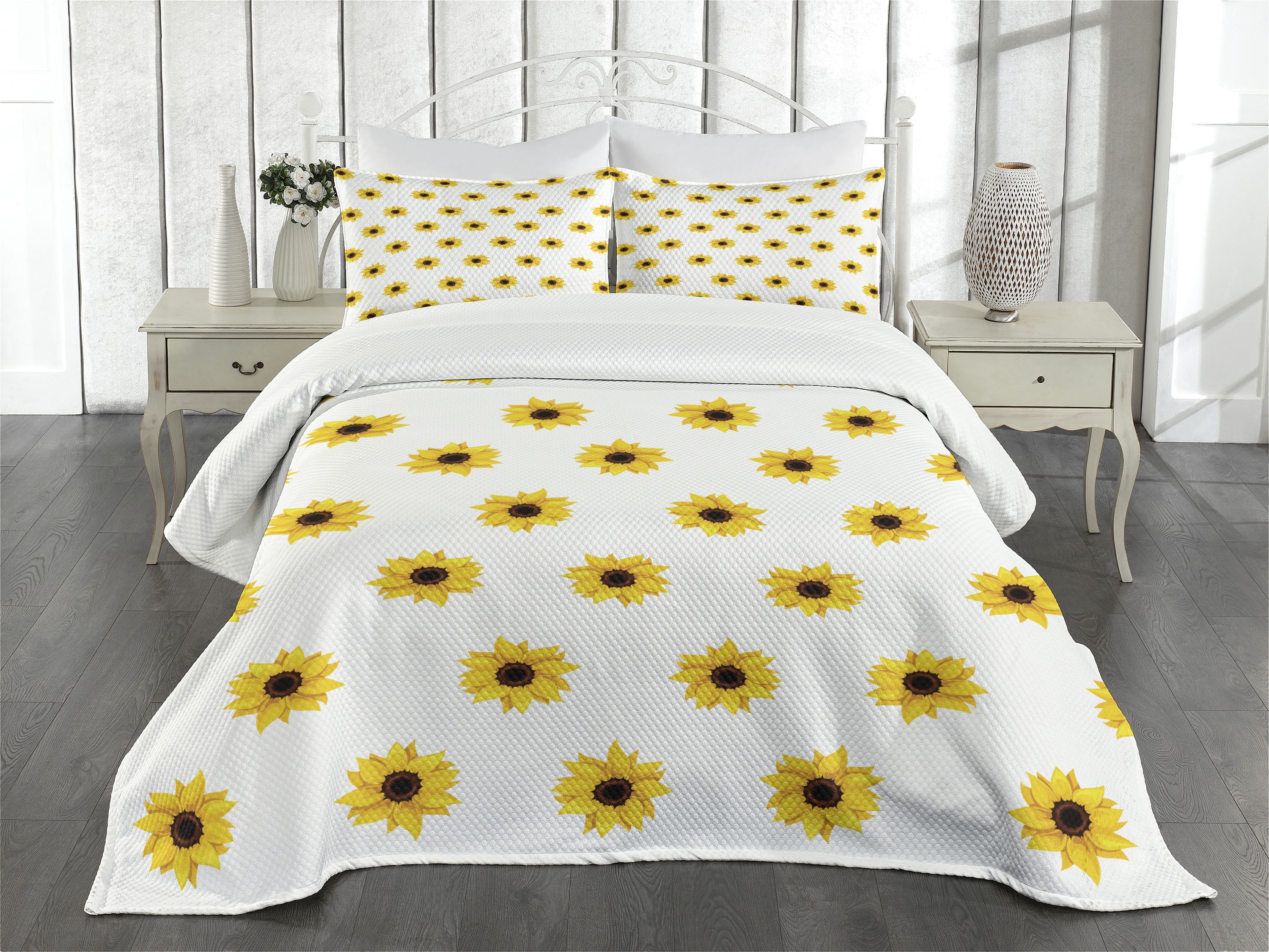 Ambesonne Yellow Quilted Bedspread Set 3 Pcs, Sunflower Pattern Nature ...