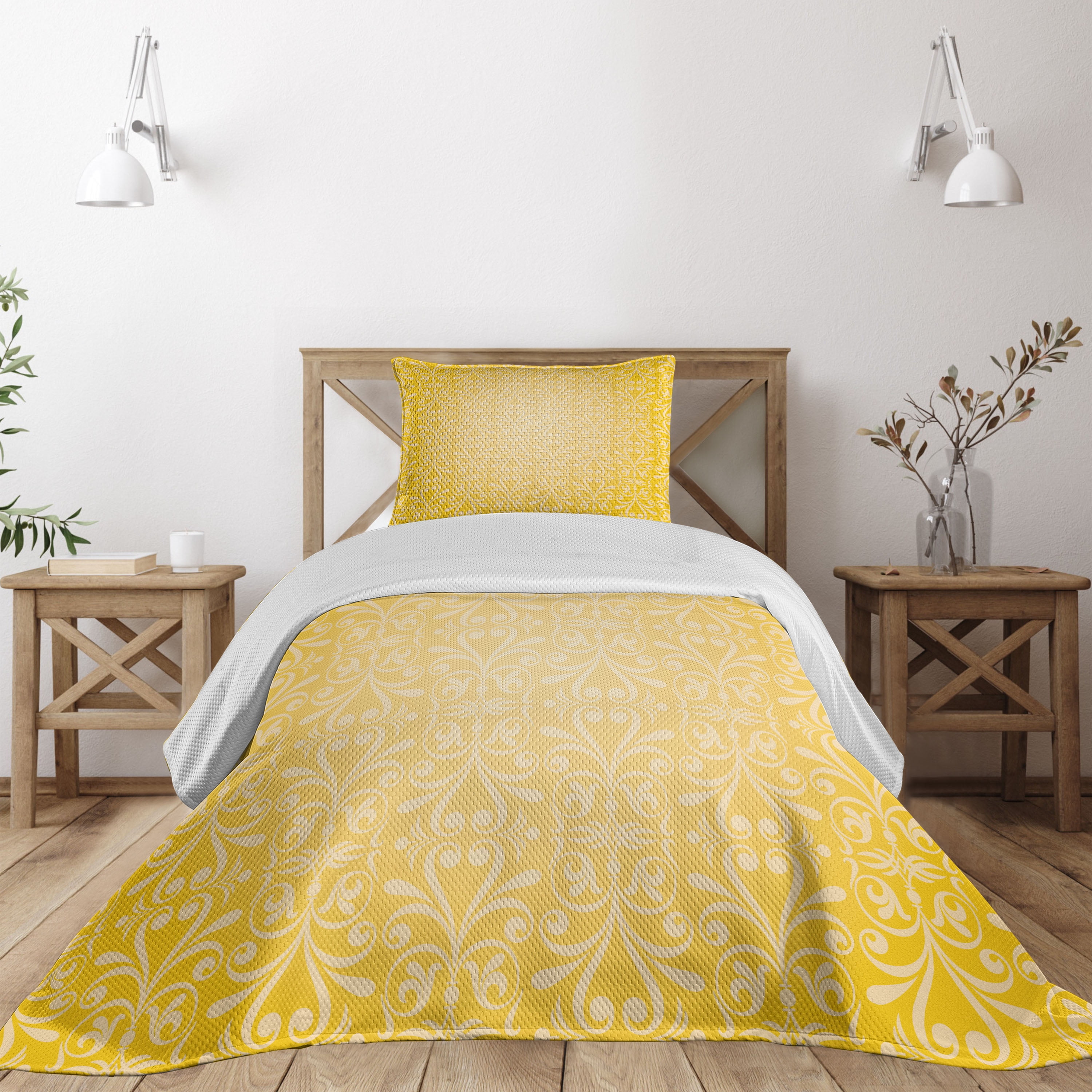 Ambesonne Yellow Quilted Coverlet 2 Pcs, Floral Victorian Retro, Twin ...