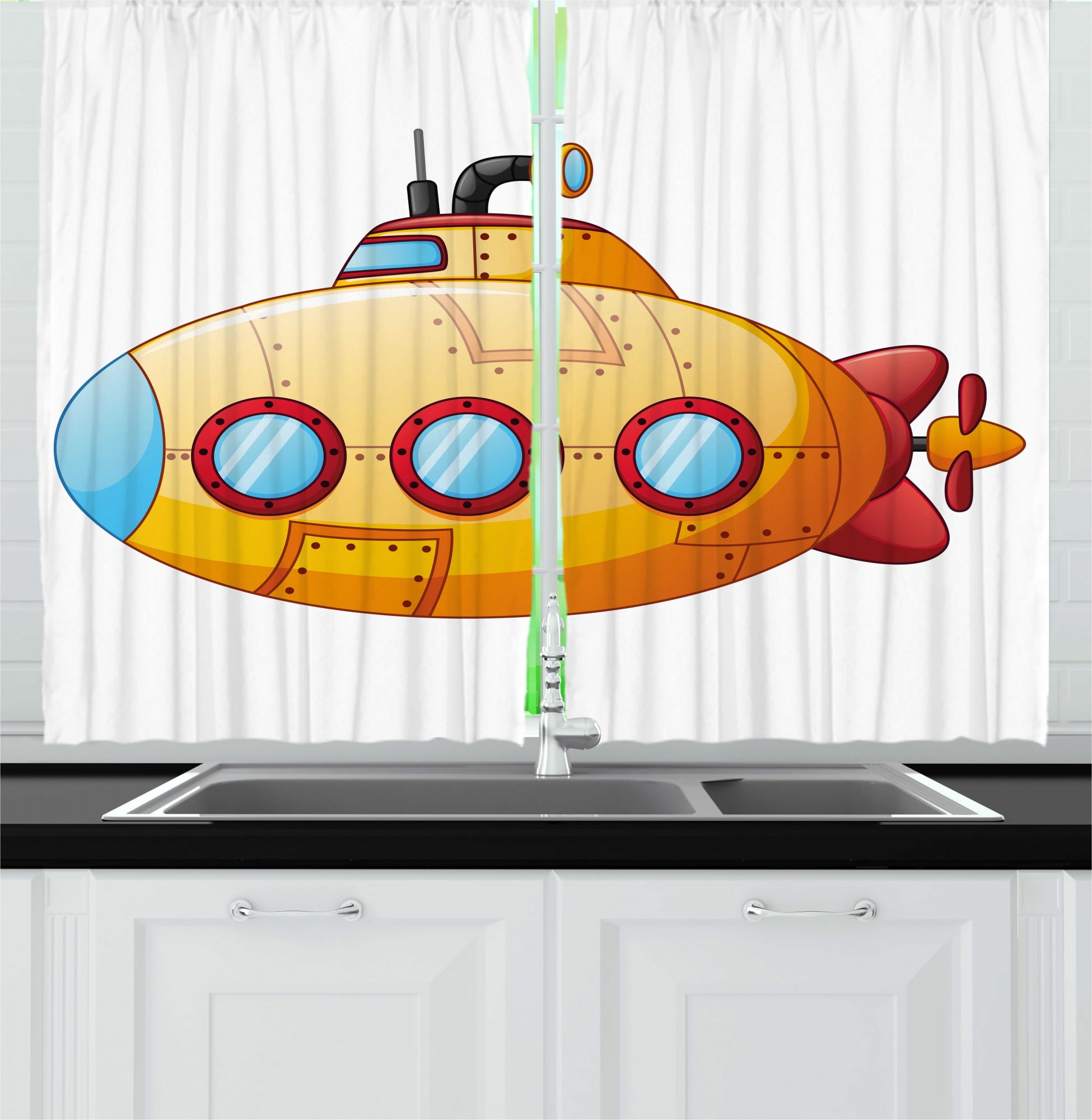 Ambesonne Yellow Submarine Kitchen Curtains, Sea Cartoon, 55"x45 ...