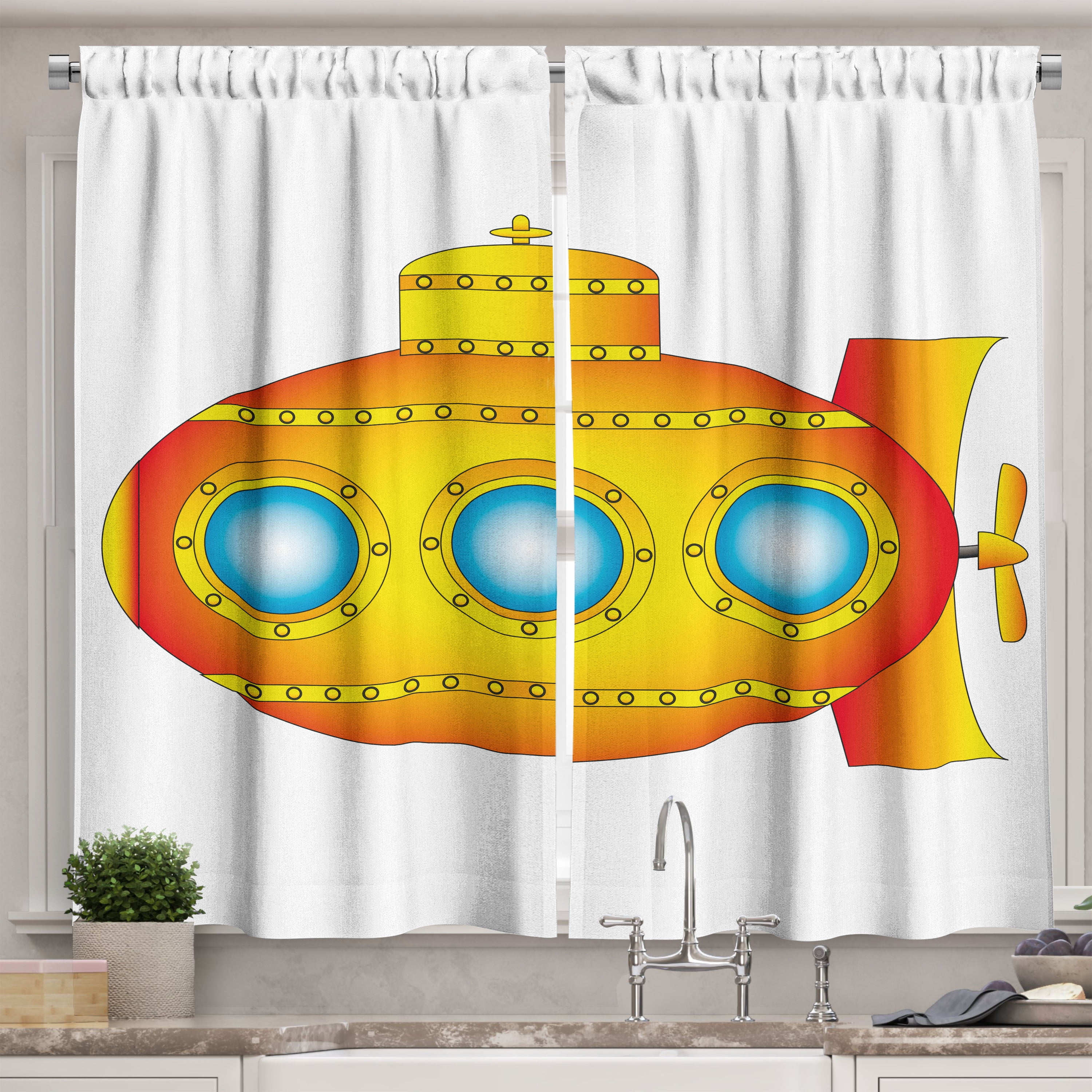 Ambesonne Yellow Submarine Kitchen Curtains, Sea Vessel, 55"x45 ...