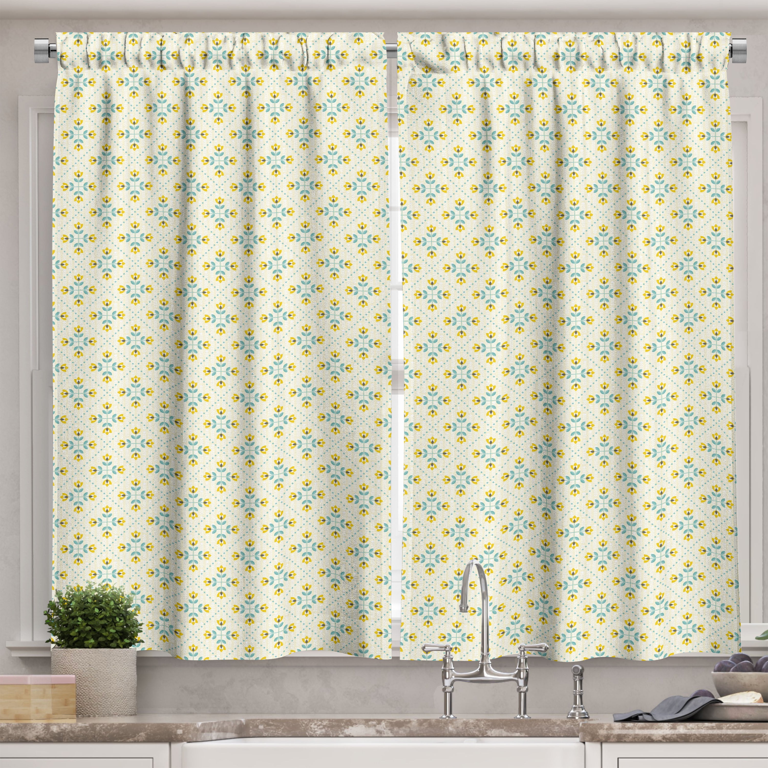 Ambesonne Yellow and Blue Kitchen Curtains, Leaves Flowers, 55"x39 ...