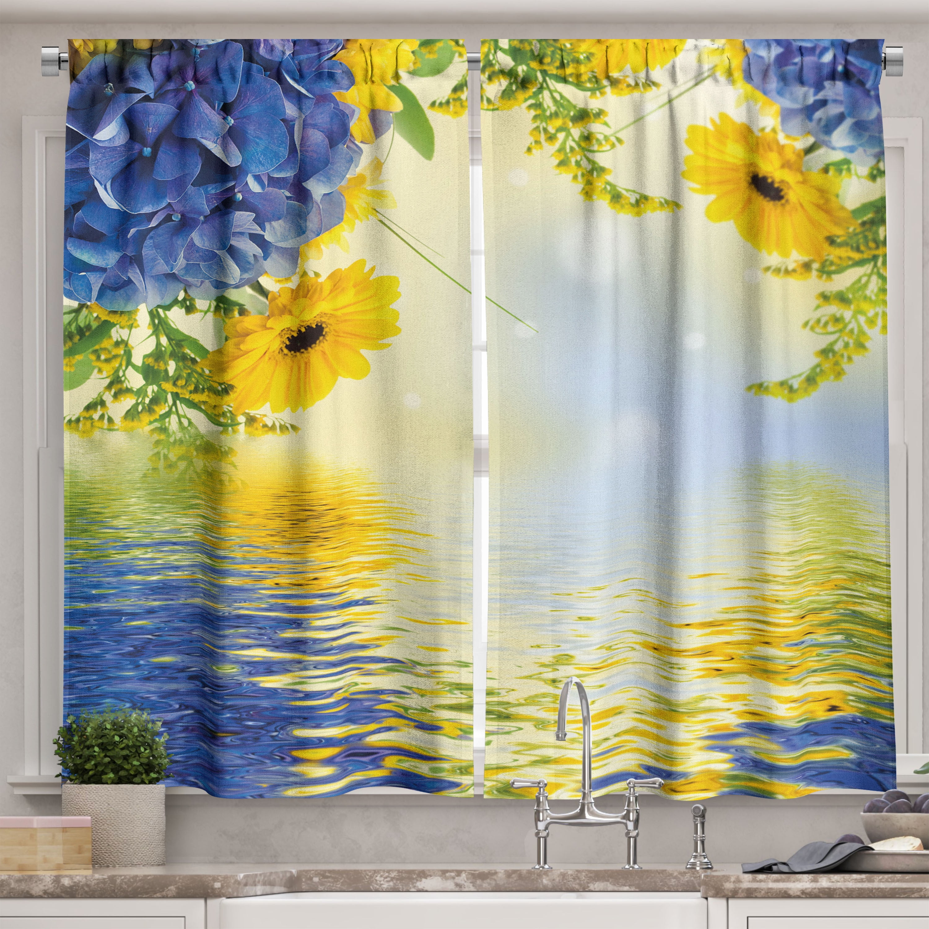 Ambesonne Yellow and Blue Kitchen Curtains, Romance Bouquet, 55"x39 ...
