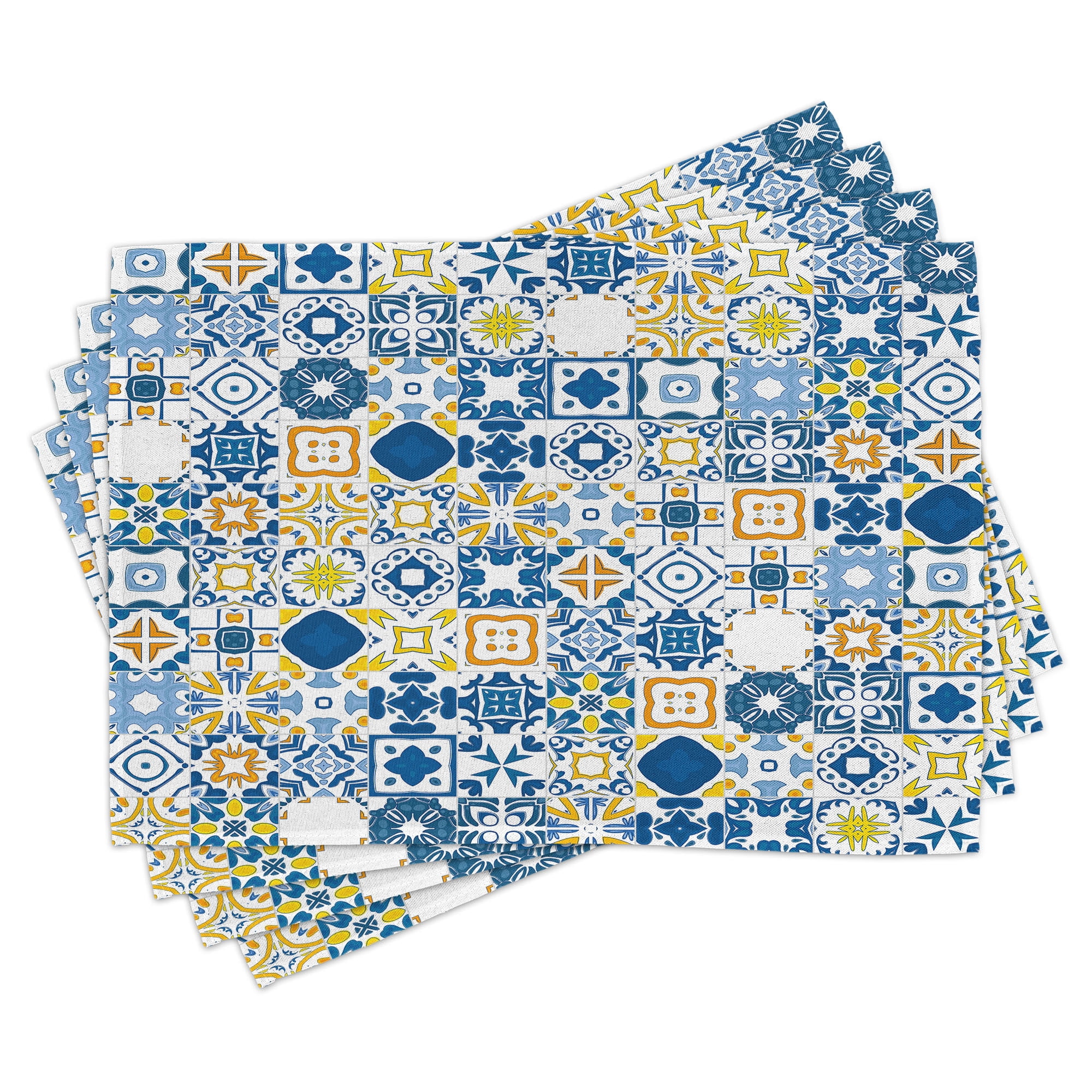 Ambesonne Yellow and Blue Place Mats Set of 4, Mosaic Azulejo, Standard ...