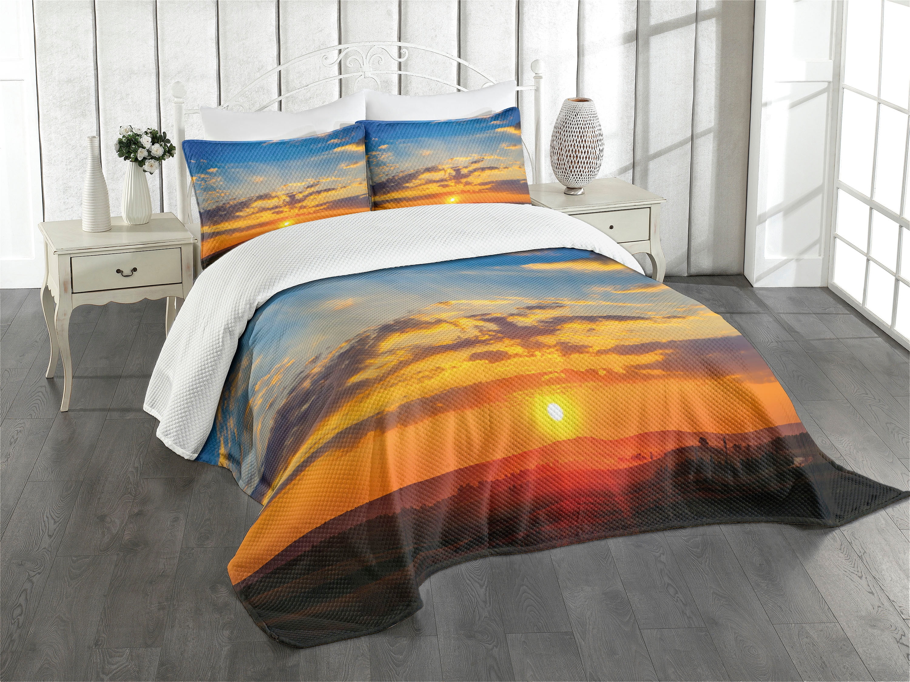 Ambesonne Yellow and Blue Quilted Bedspread Set 3 Pcs, Dramatic Sunset ...