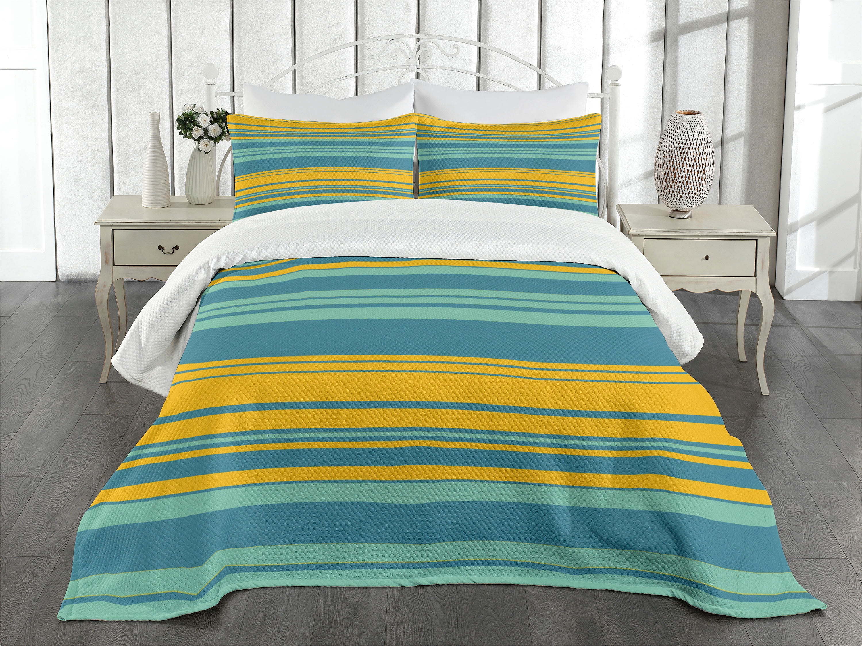 Ambesonne Yellow and Blue Quilted Bedspread Set 3 Pcs, Horizontal ...