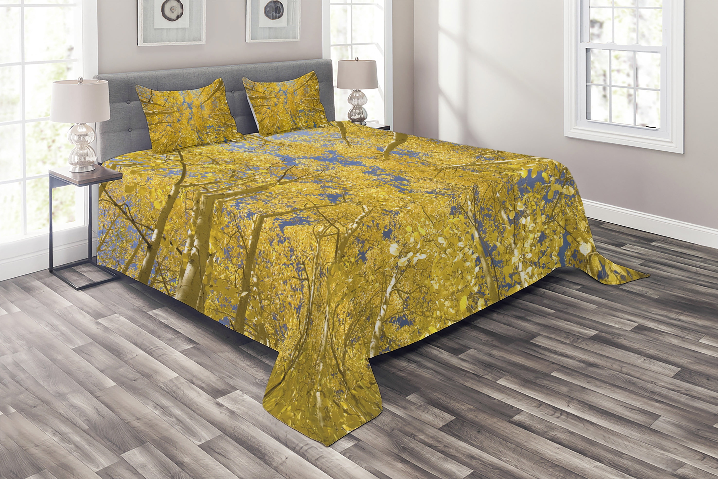 Ambesonne Yellow and Blue Quilted Coverlet 3 Pcs, Aspen Trees, Queen ...