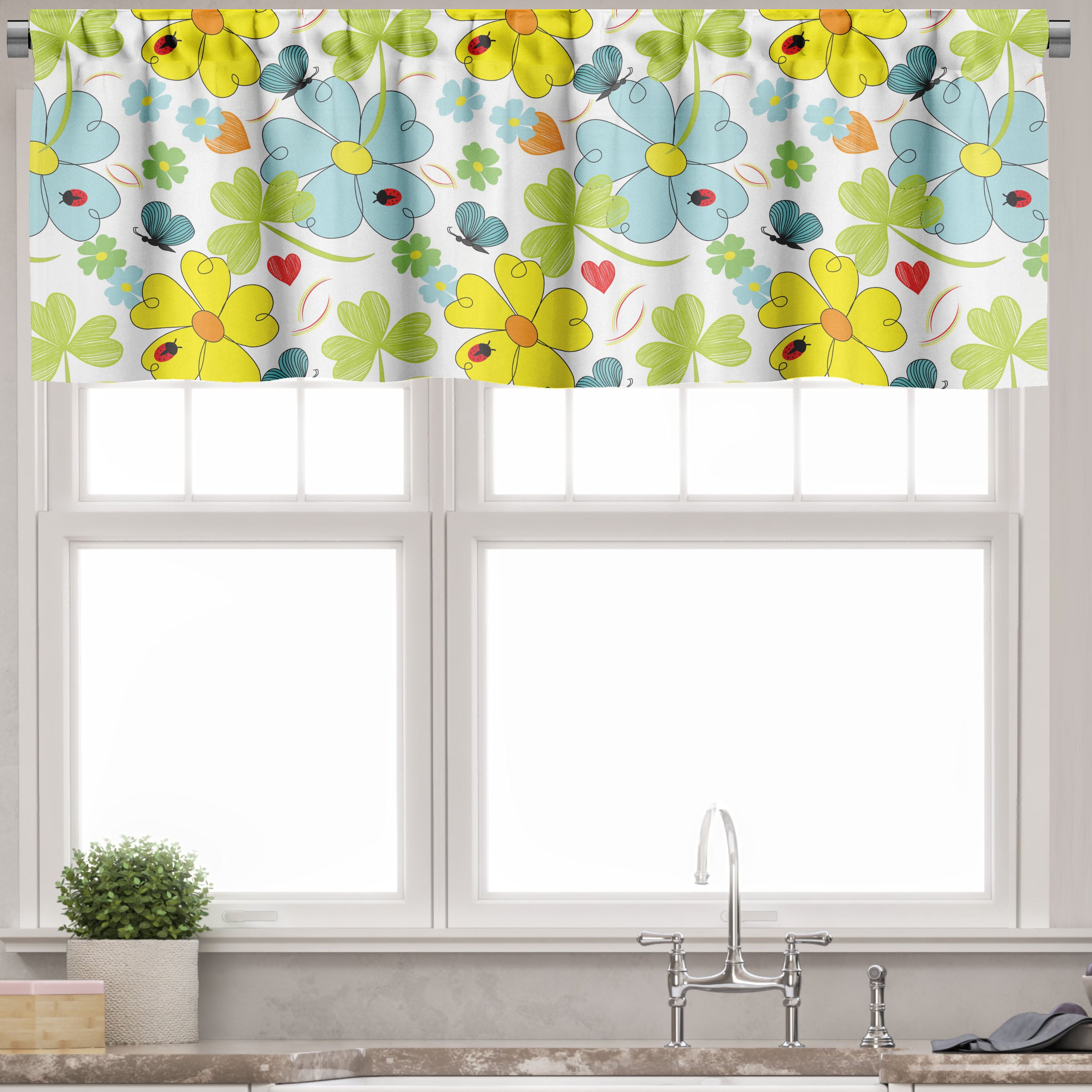 Ambesonne Yellow and Blue Window Valance, Daisy Shamrock, 54" X 18 ...