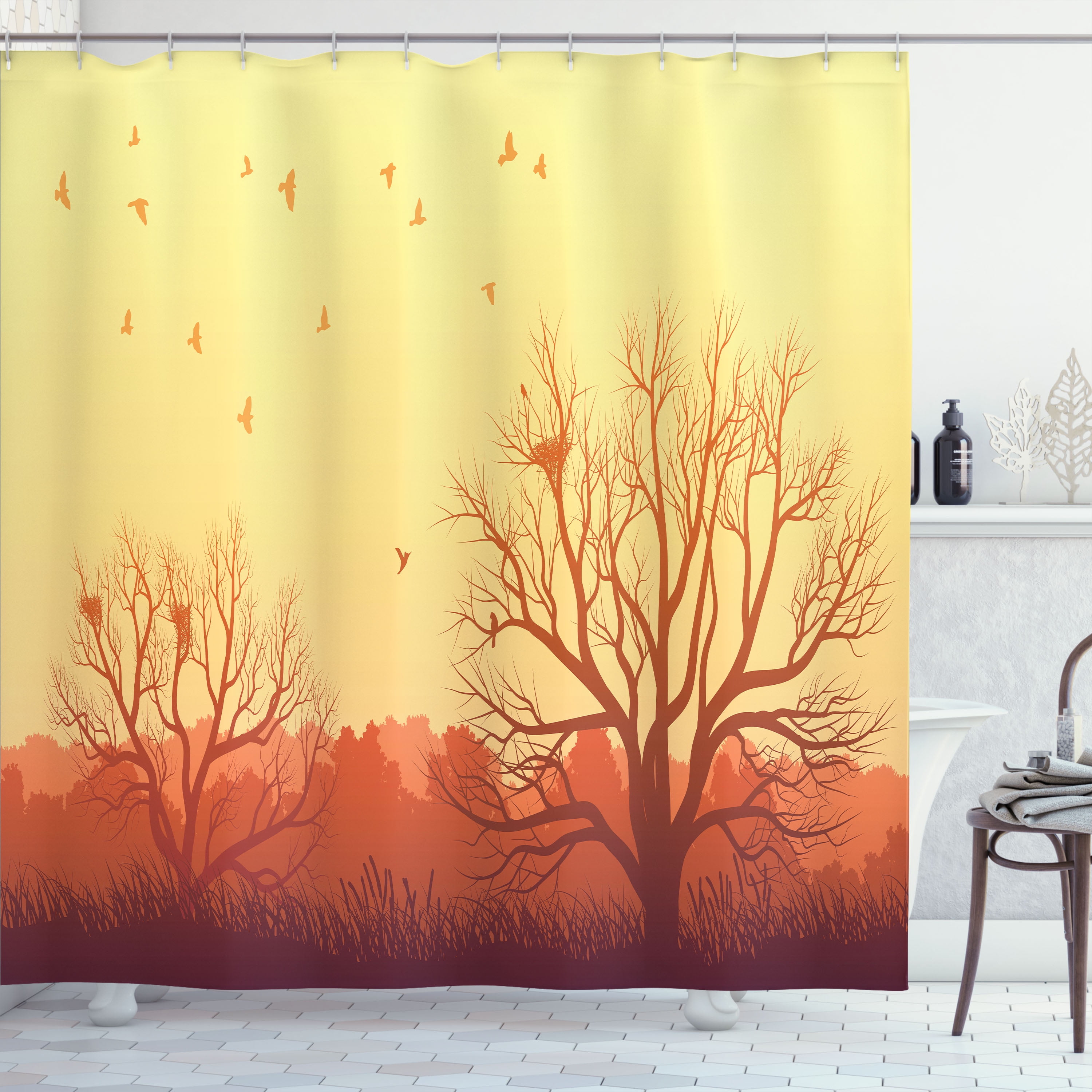 Ambesonne Yellow And Orange Shower Curtain Trees Birds Art 69wx75l