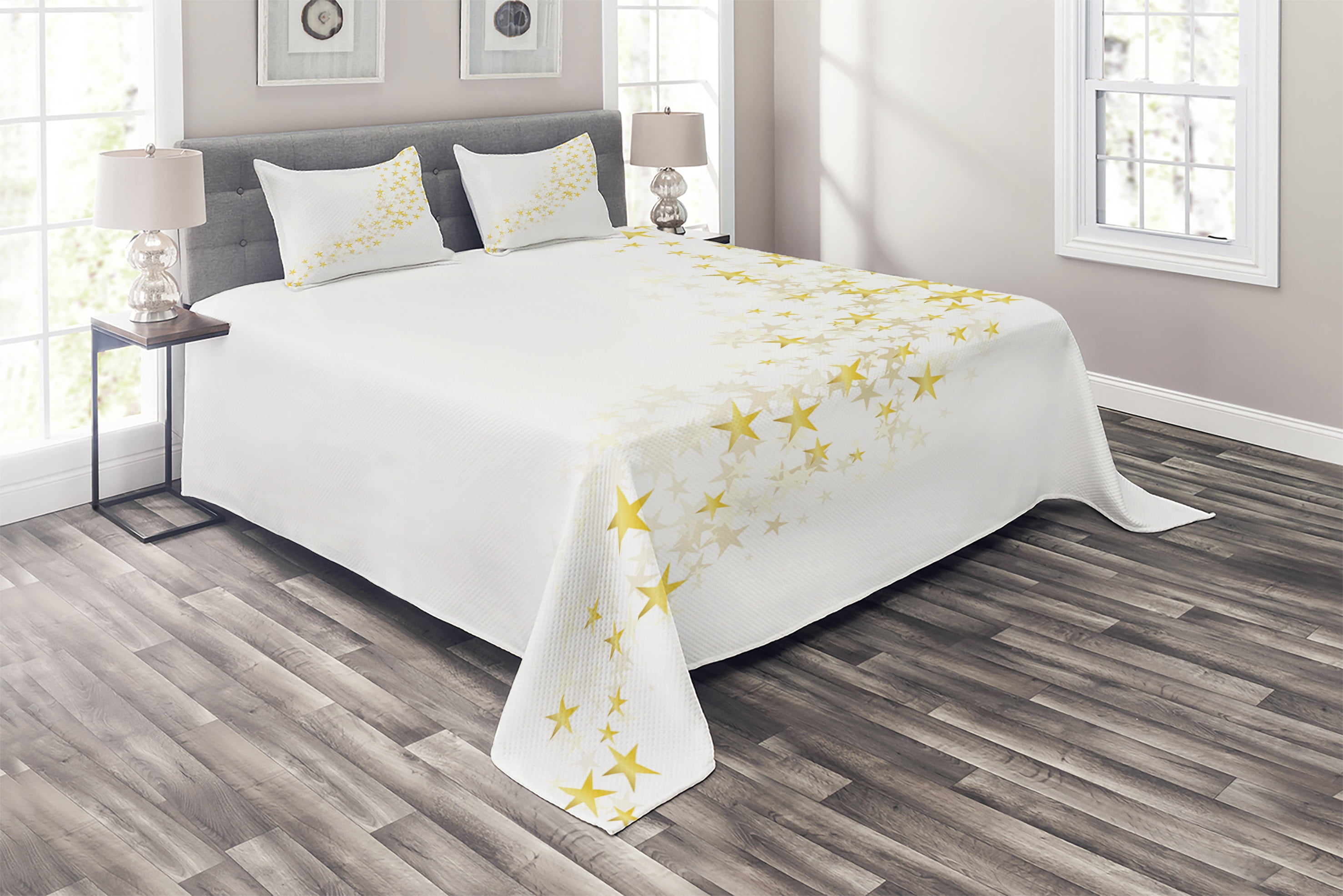 Ambesonne Yellow and White Quilted Coverlet 3 Pcs, Stars, King Size ...
