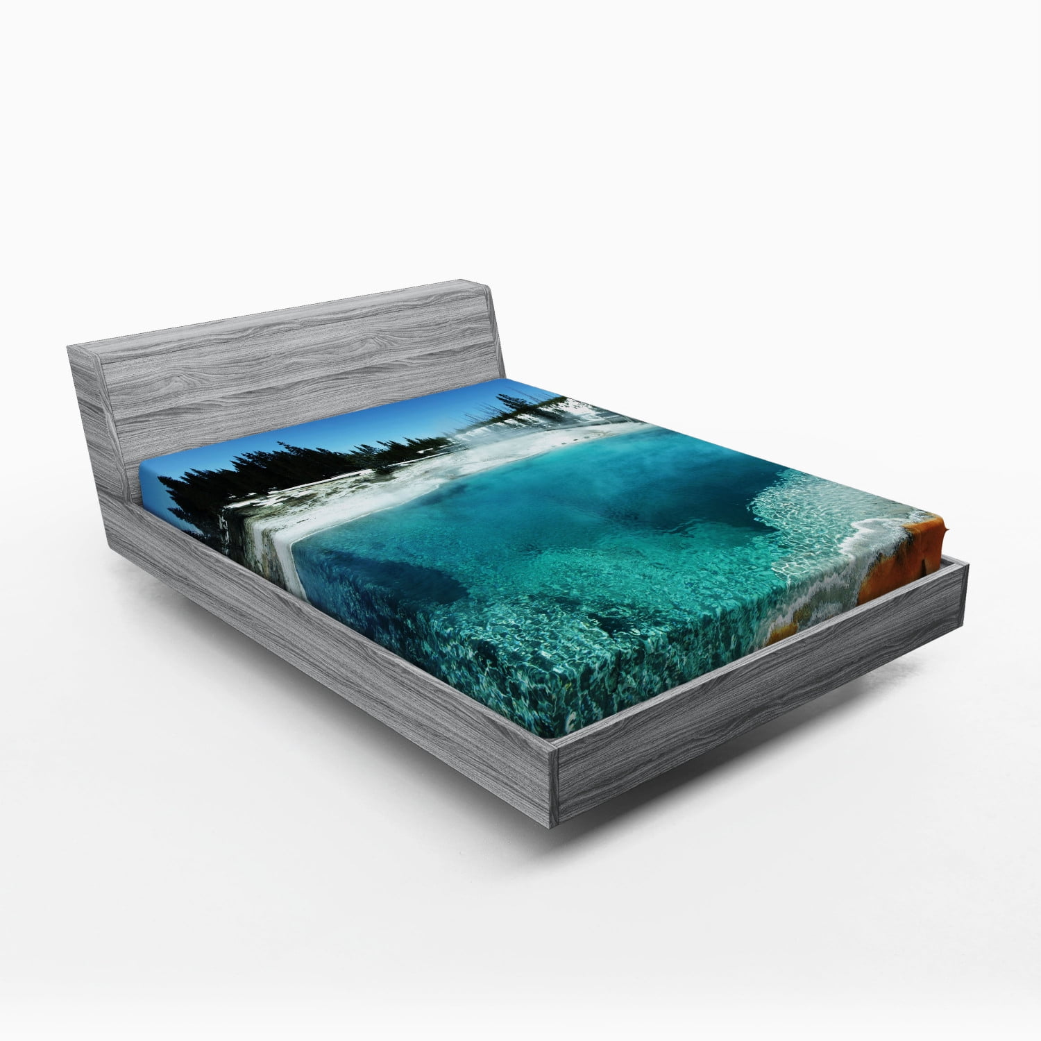 Ambesonne Yellowstone Fitted Sheet, Snowy Forest Pool, Queen Size ...