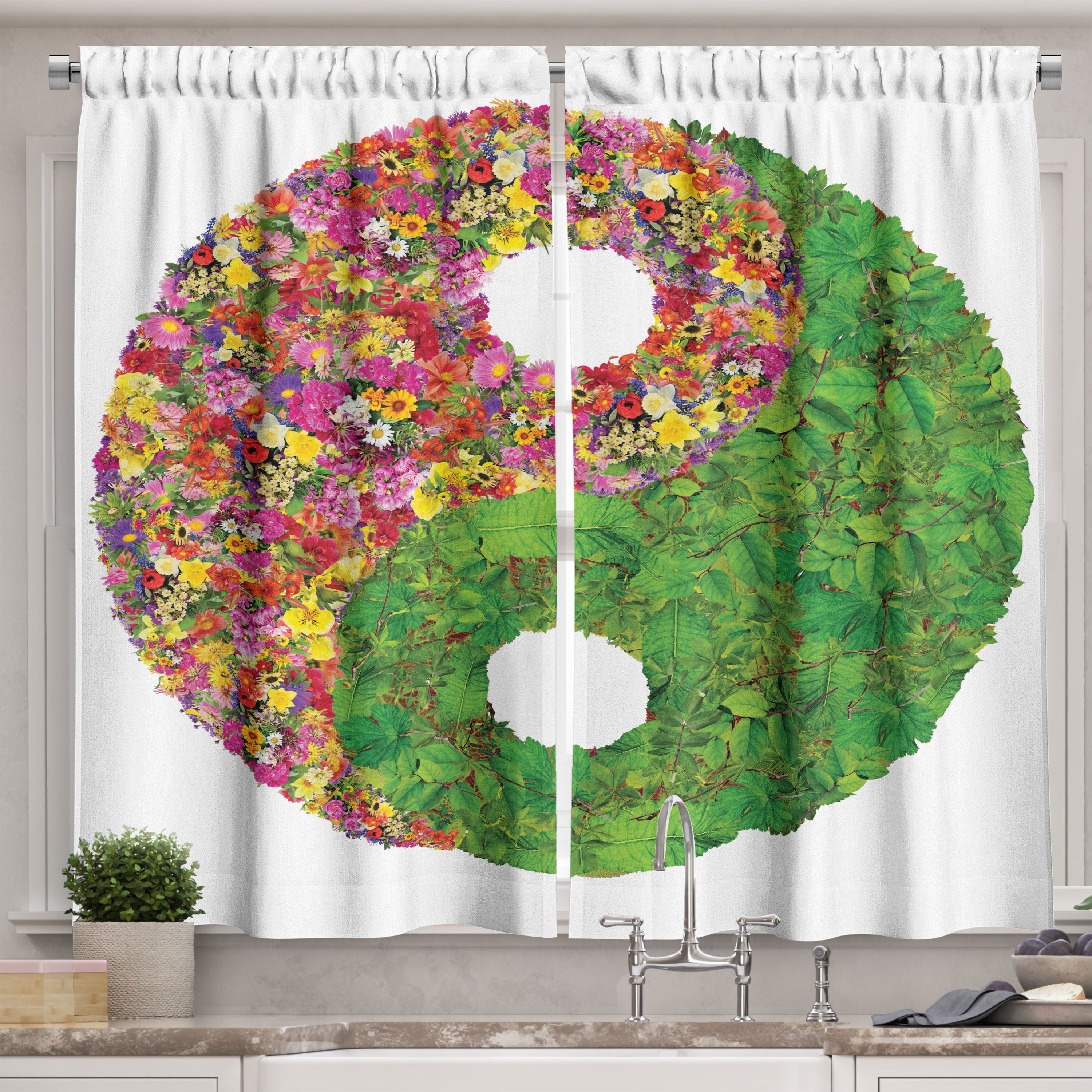 Ambesonne Ying Yang Kitchen Curtains, Universal Floral Circle, 55"x39 ...