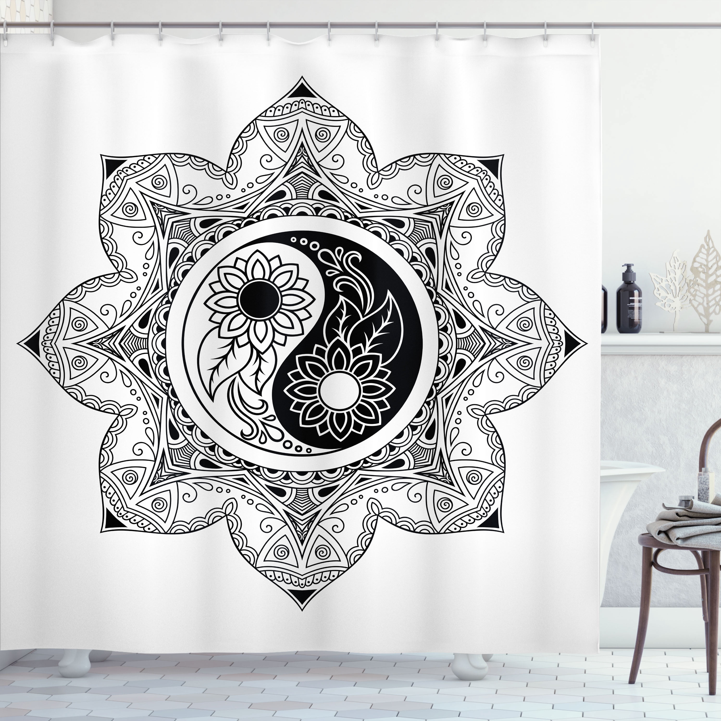 Ambesonne Ying Yang Shower Curtain, Boho Mandala Sign, 69"Wx84"L, Black ...