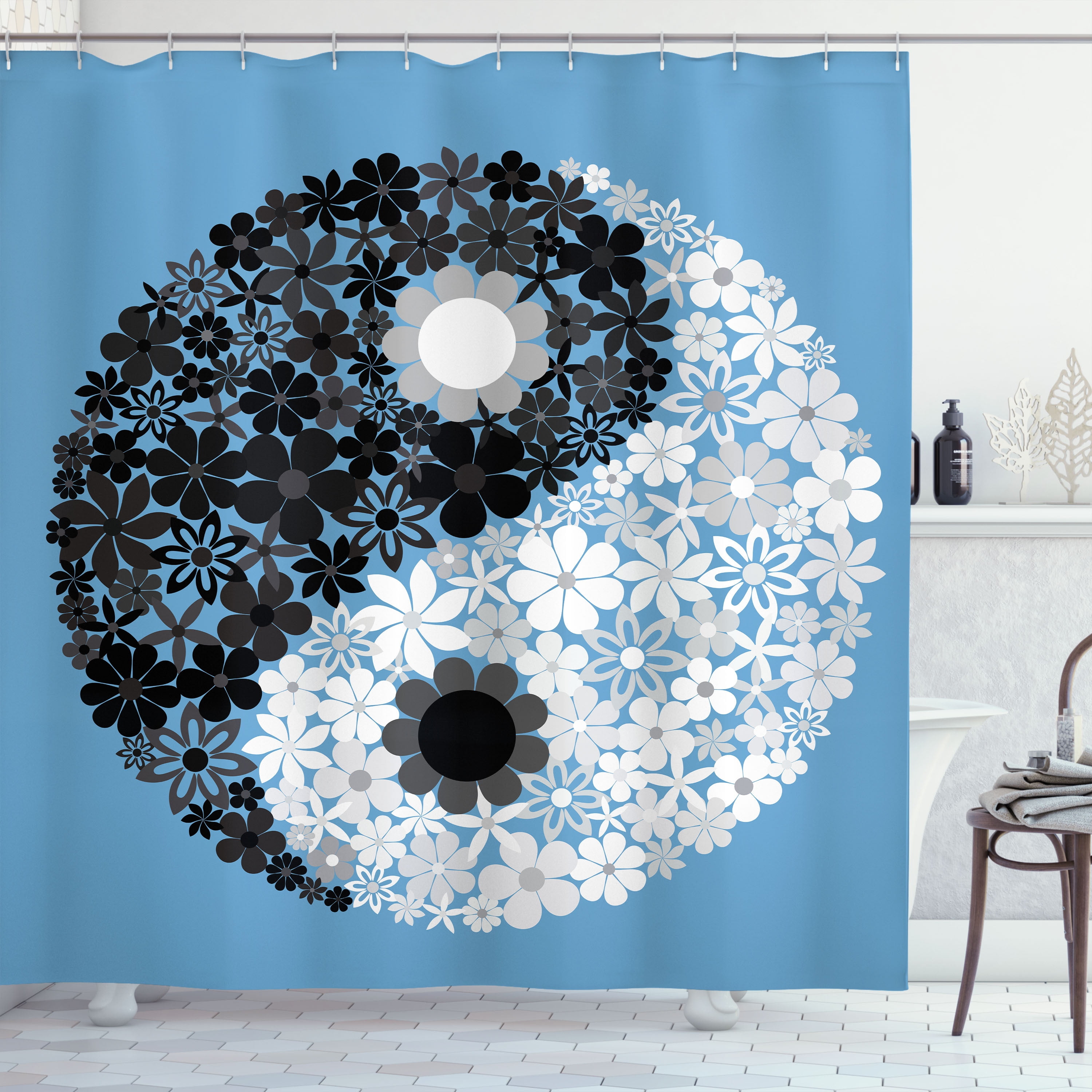 Ambesonne Ying Yang Shower Curtain, Tao Sign Floral, 69"Wx84"L, Blue Black Grey - Walmart.com