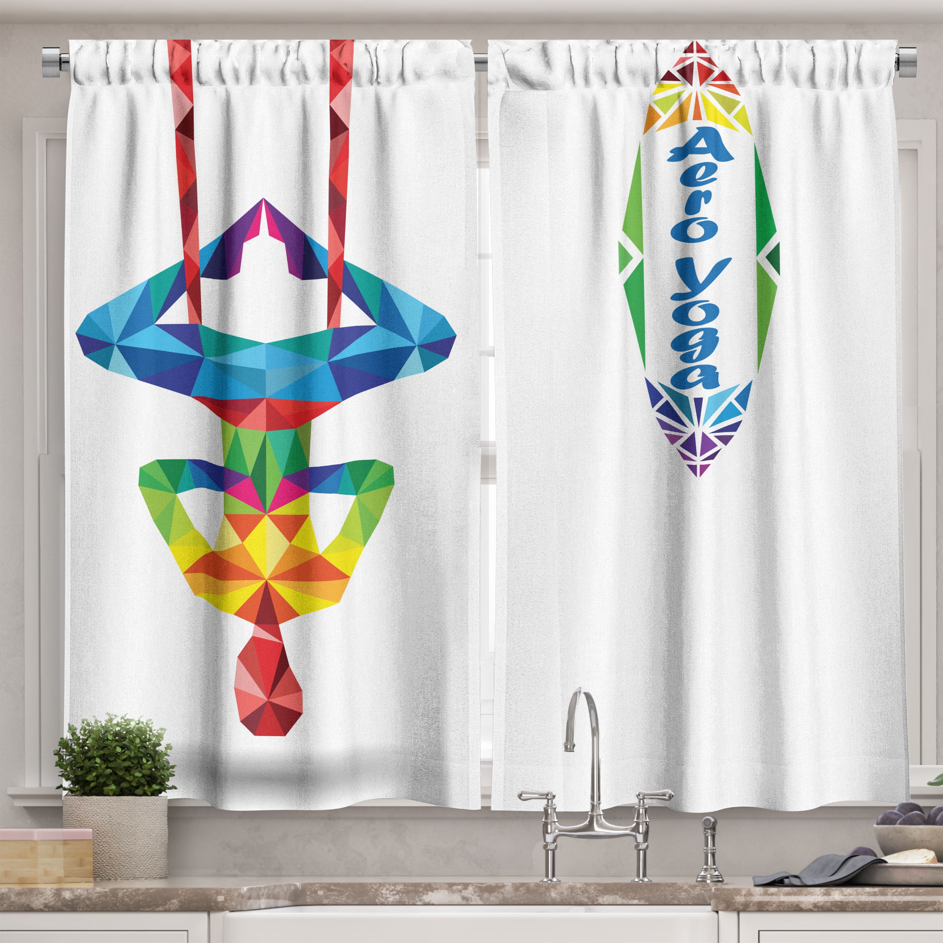 Ambesonne Yoga Kitchen Curtains, Aerial Yoga Fractal Body, 55"x39 ...