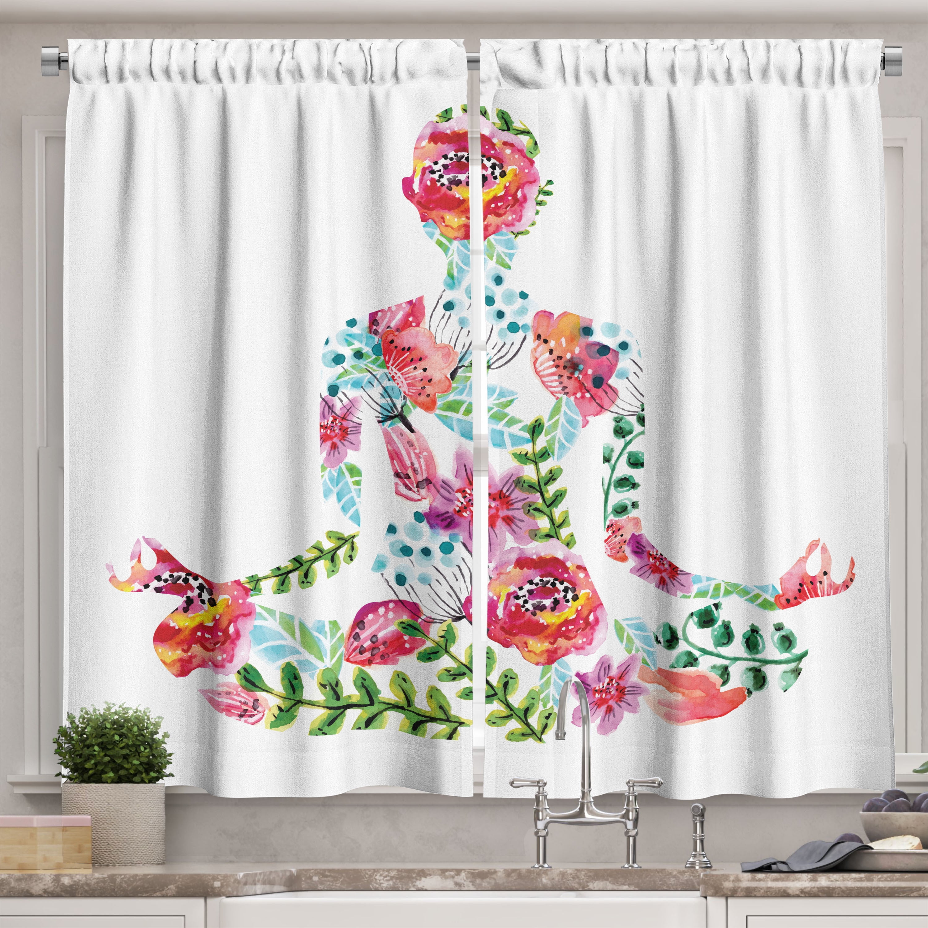 Ambesonne Yoga Kitchen Curtains, Silhouette with Flowers, 55"x39 ...