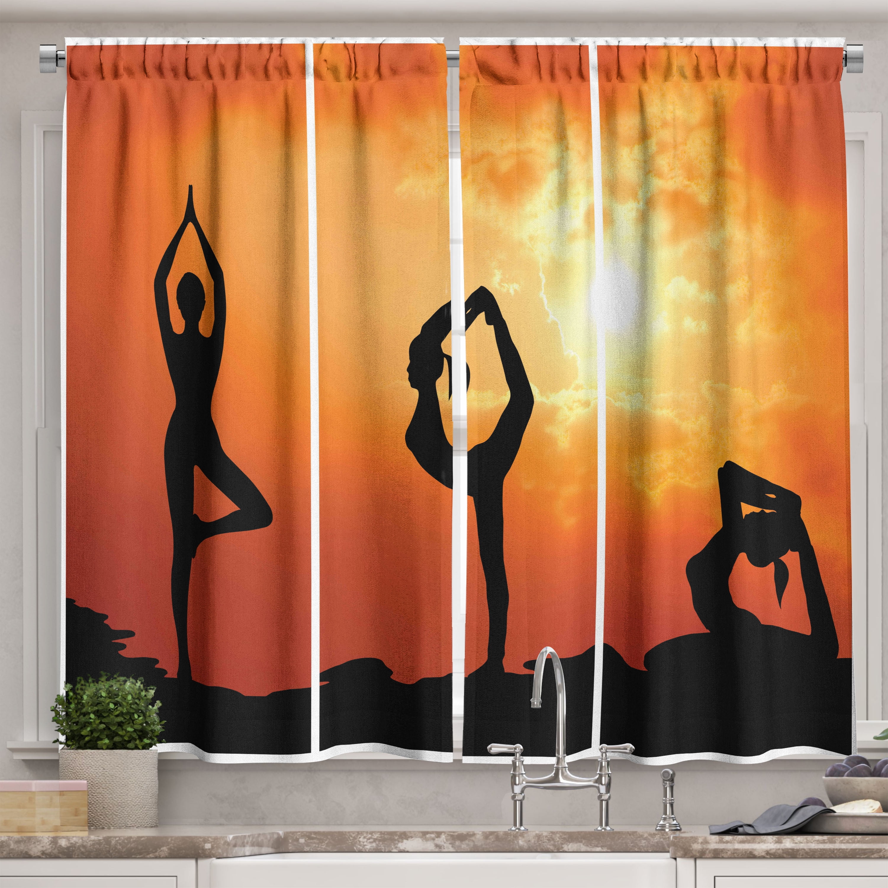 Ambesonne Yoga Kitchen Curtains, Women Practice at Sunset, 55"x39 ...