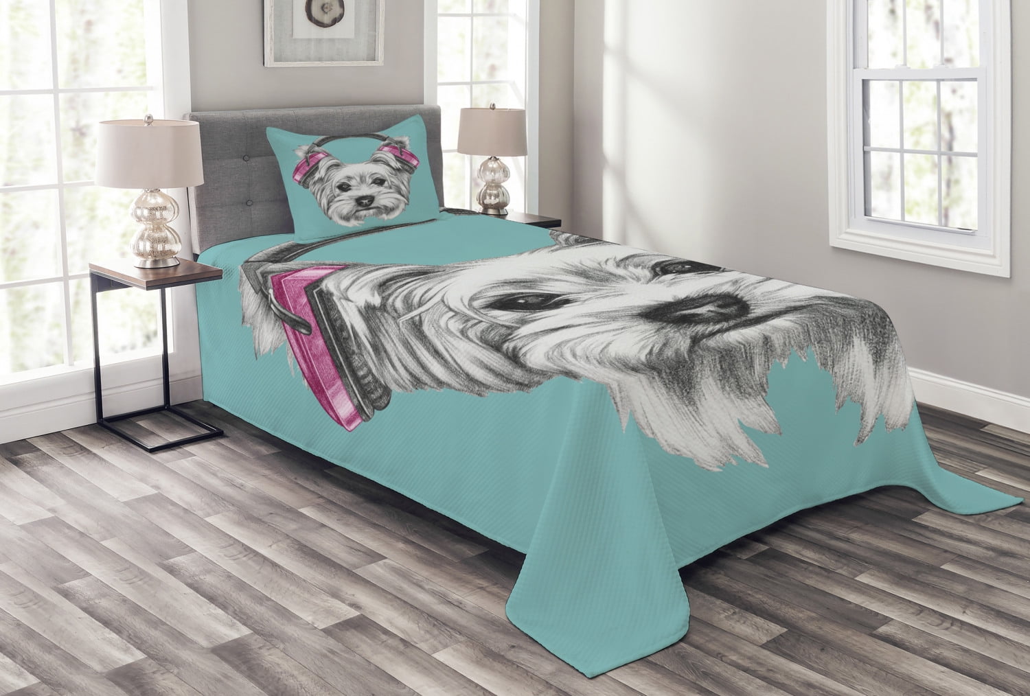 Ambesonne Yorkie Quilted Bedspread Set 2 Pcs, Headphones Music Dog ...