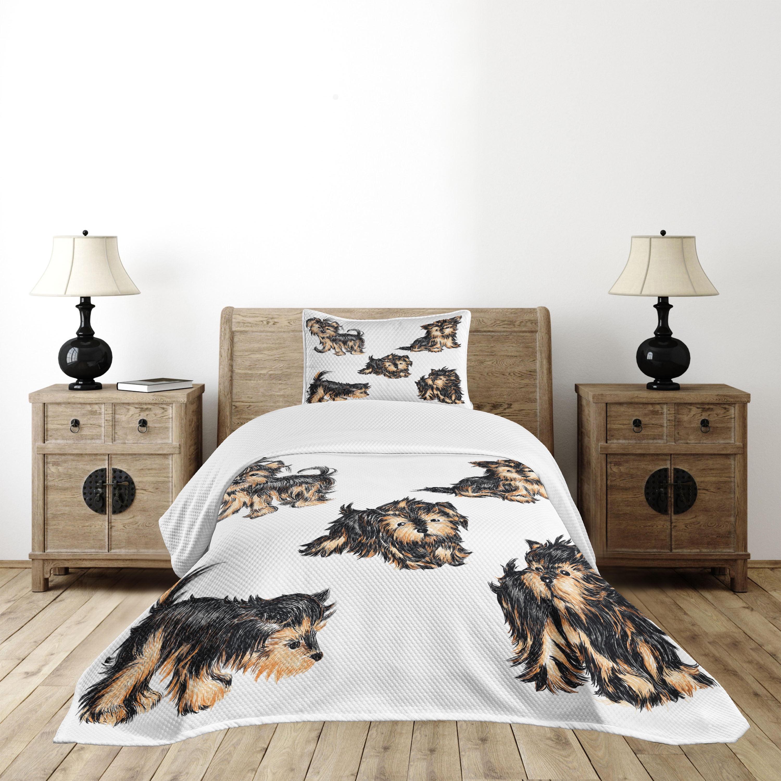 Ambesonne Yorkie Quilted Bedspread Set 2 Pcs, Terrier Cartoon, Twin ...