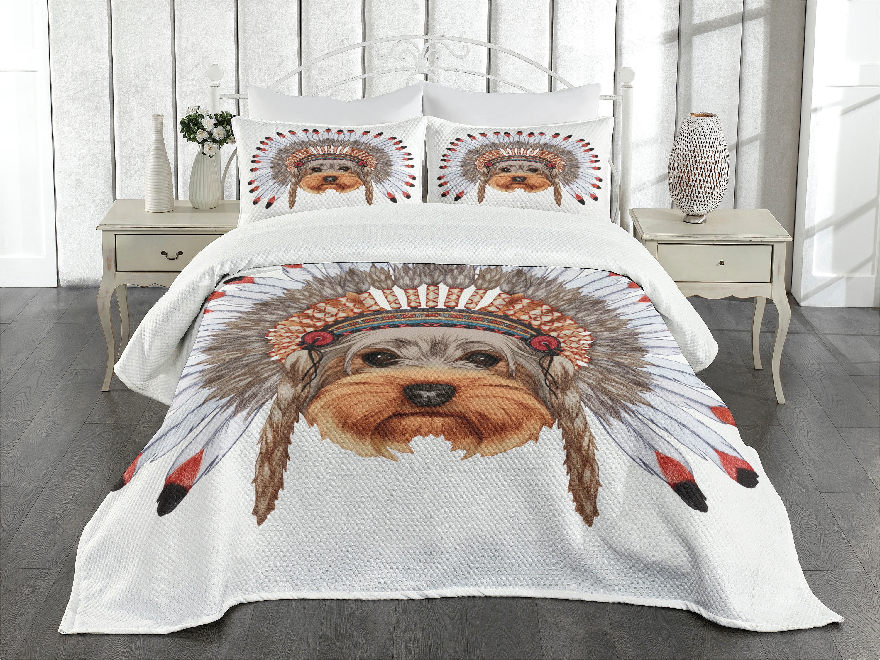 Ambesonne Yorkie Quilted Bedspread Set 3 Pcs, Bonnet Wearing Dog, Queen ...
