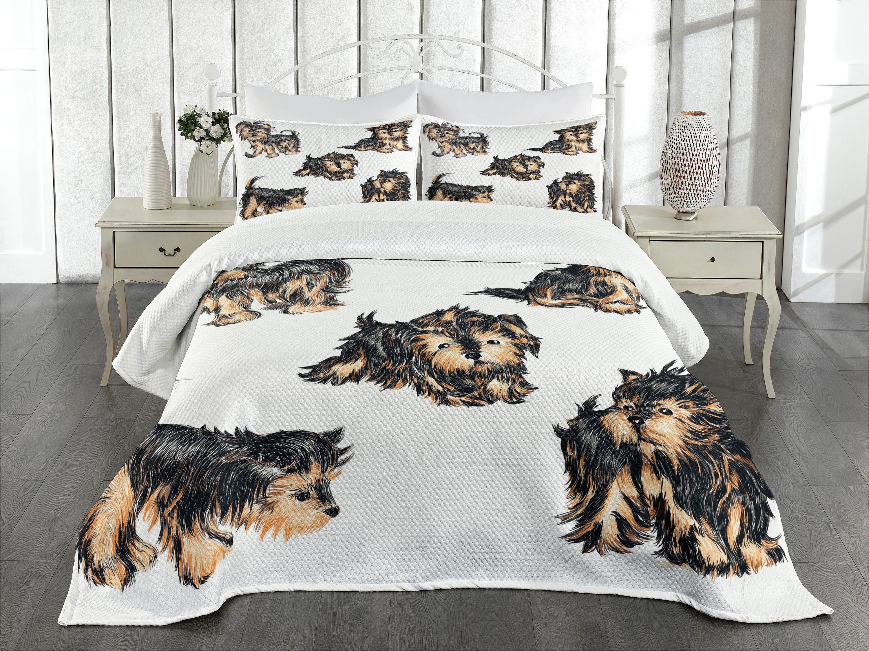 Ambesonne Yorkie Quilted Bedspread Set 3 Pcs, Terrier Cartoon, King ...