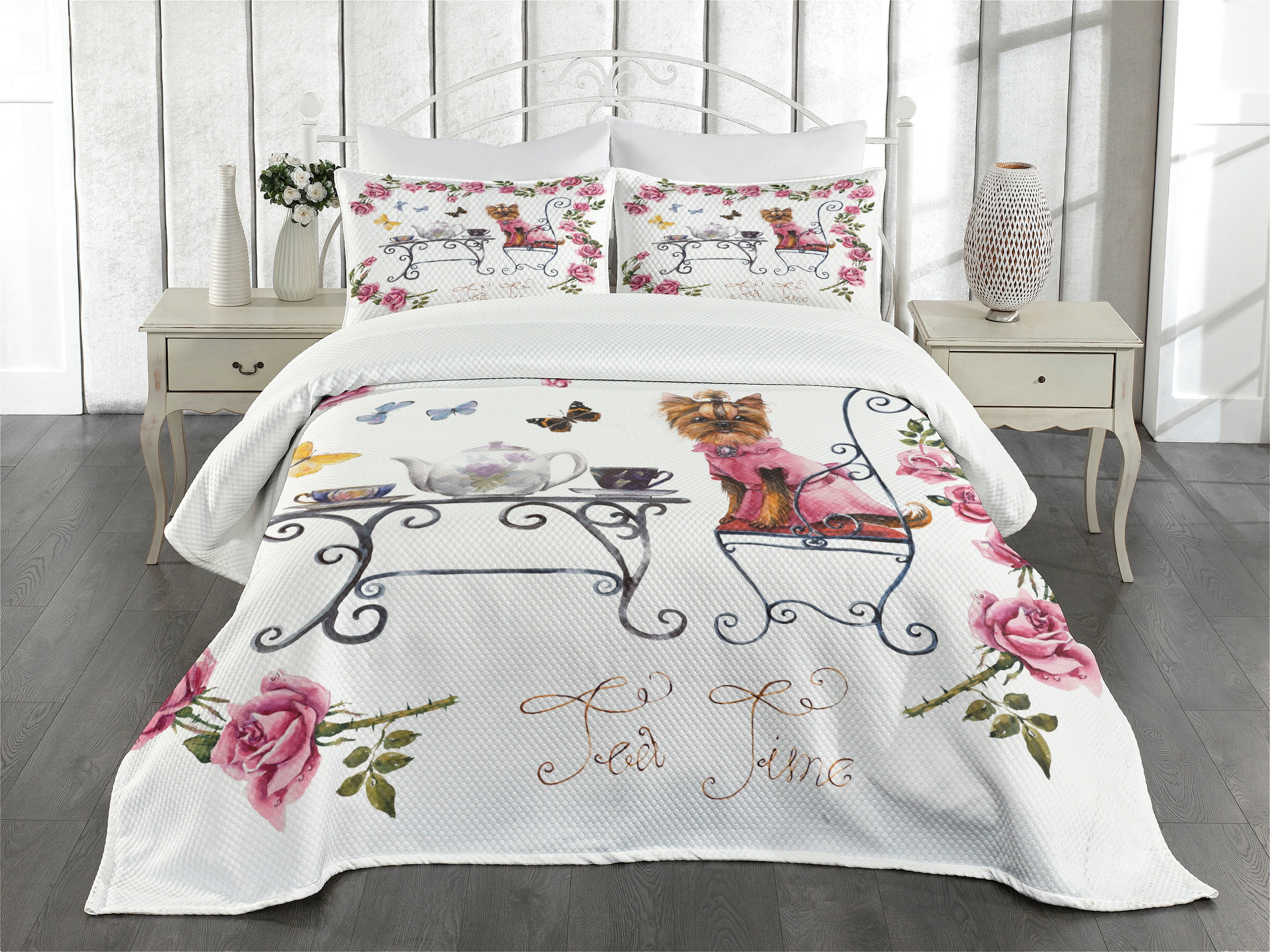 Ambesonne Yorkie Quilted Bedspread Set 3 Pcs, Terrier in Pink Dress ...