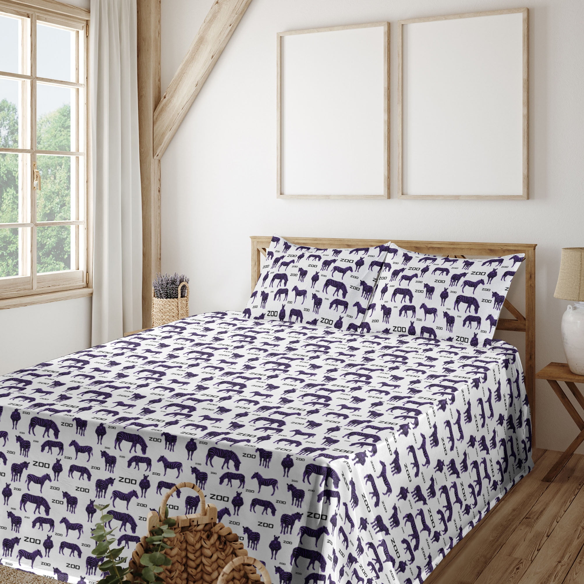 Ambesonne Zebra Fitted & Flat Sheet with Shams 4 Pcs Set, Silhouette of ...